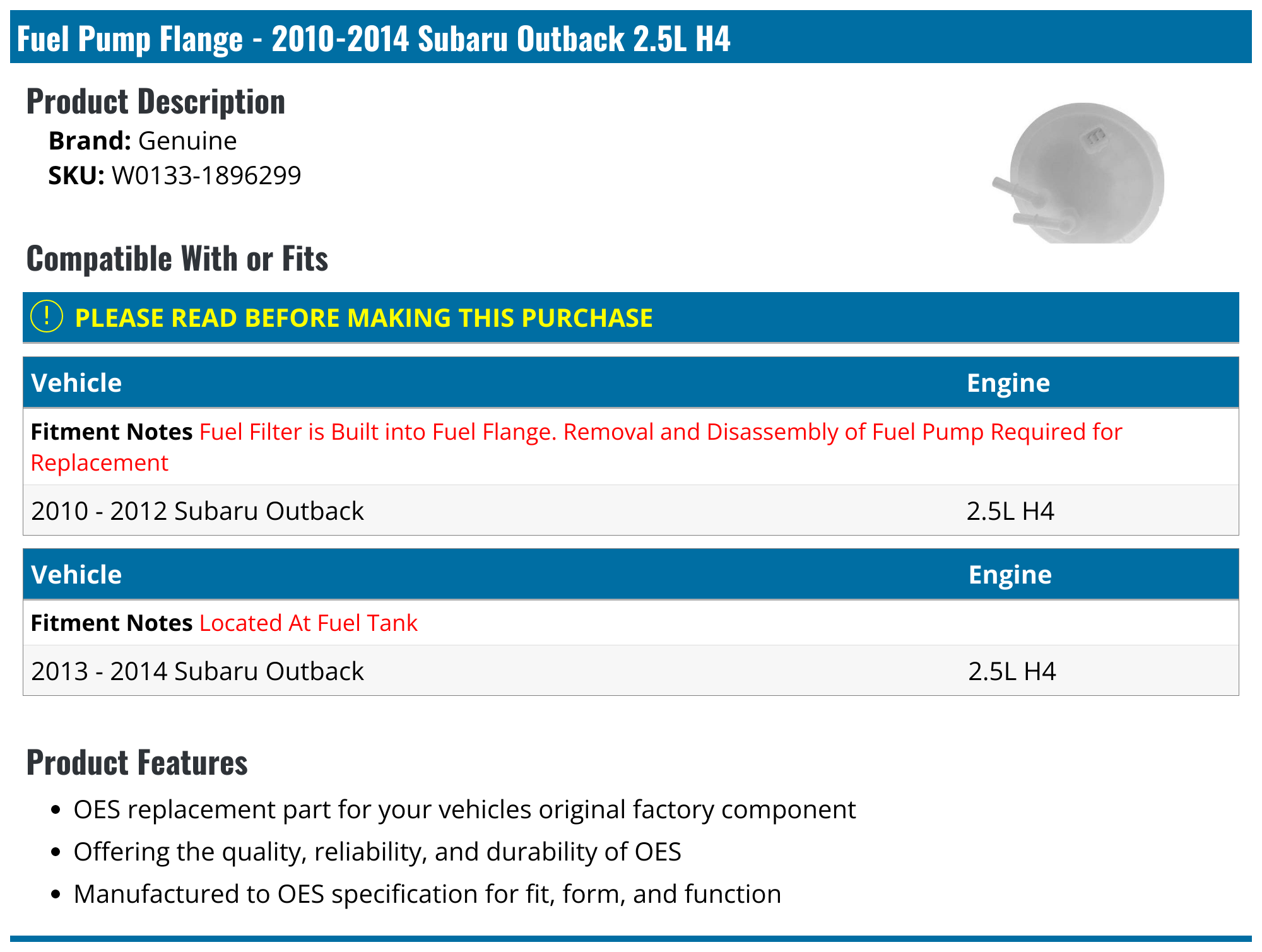 2010-2014 Subaru Outback Fuel Filter - Genuine W0133-1896299 ...