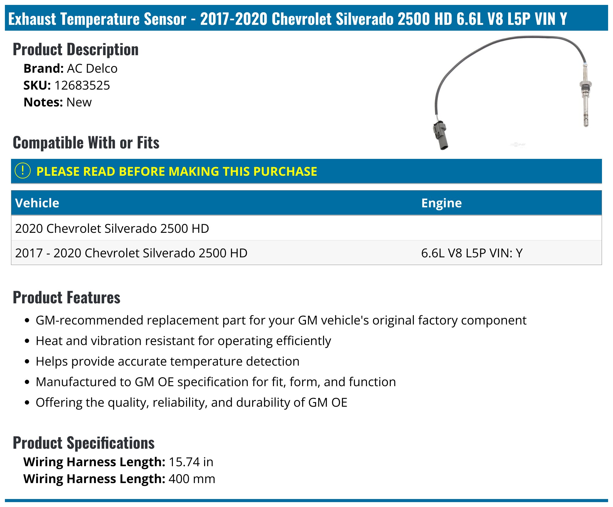 2017-2020, 2024 Chevrolet Silverado 2500 HD Exhaust Temperature Sensor ...