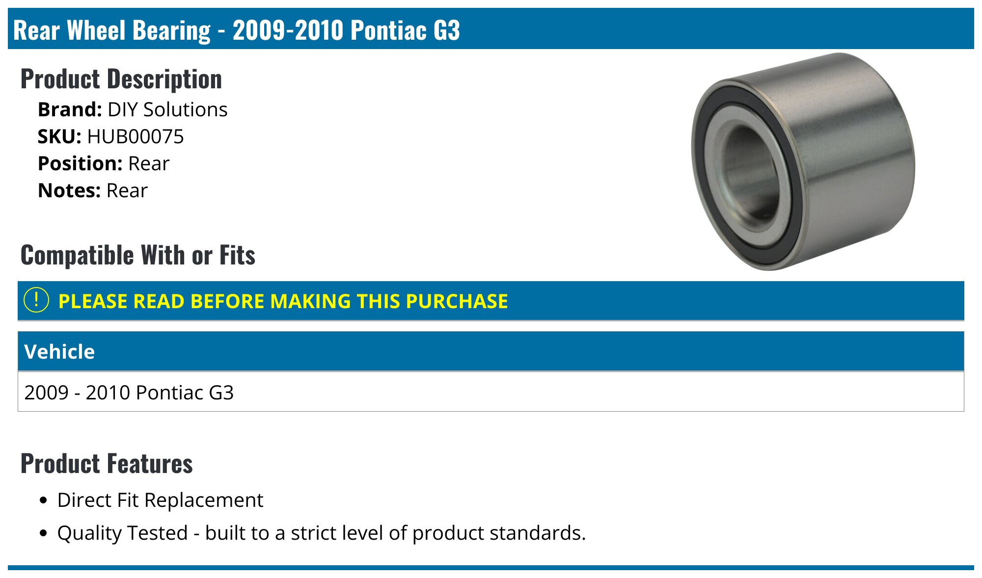 2009-2010 Pontiac G3 Wheel Bearing - DIY Solutions HUB00075 - Rear ...