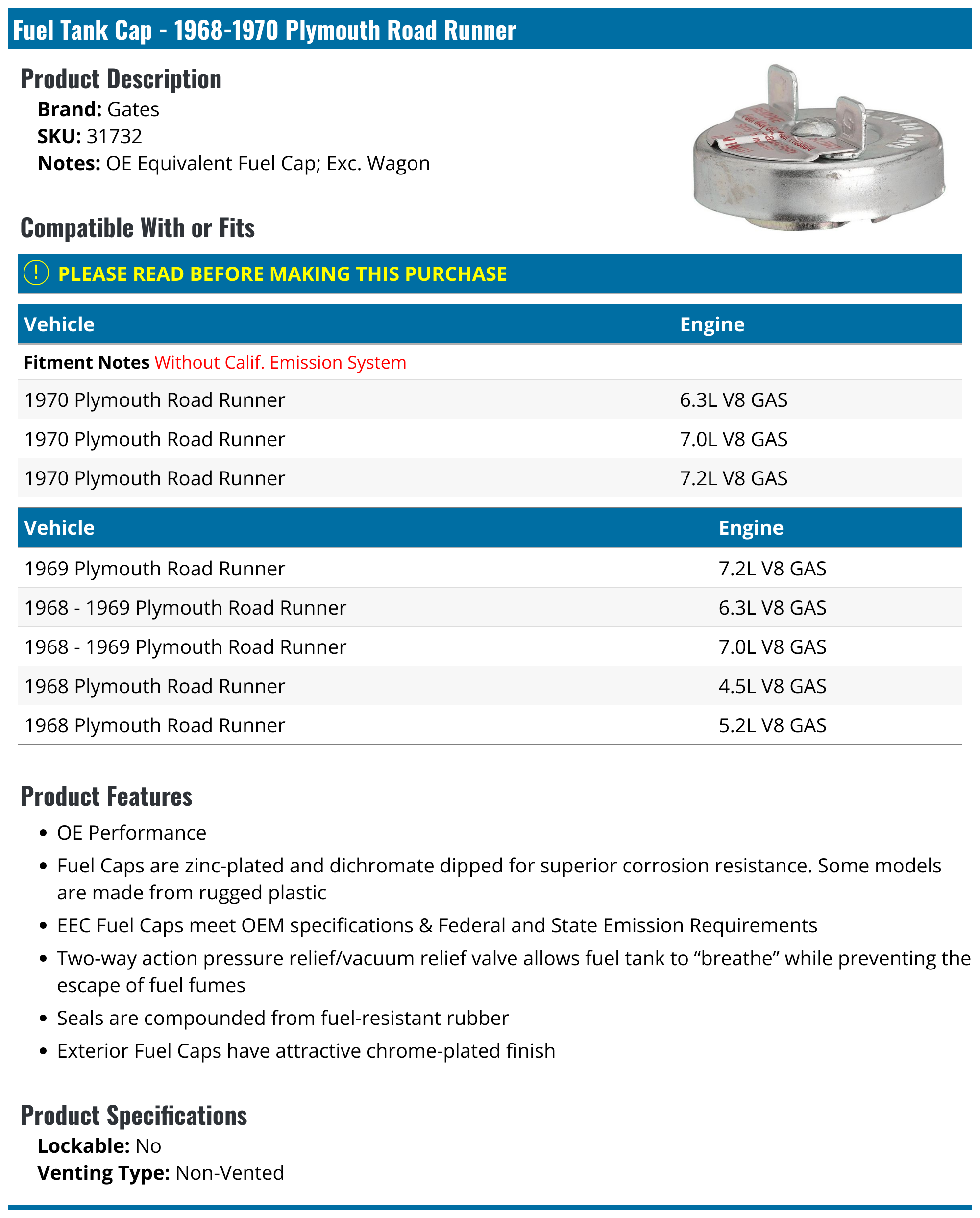 1968-1970 Plymouth Road Runner Fuel Tank Cap - Gates 31732 - PartsGeek.com