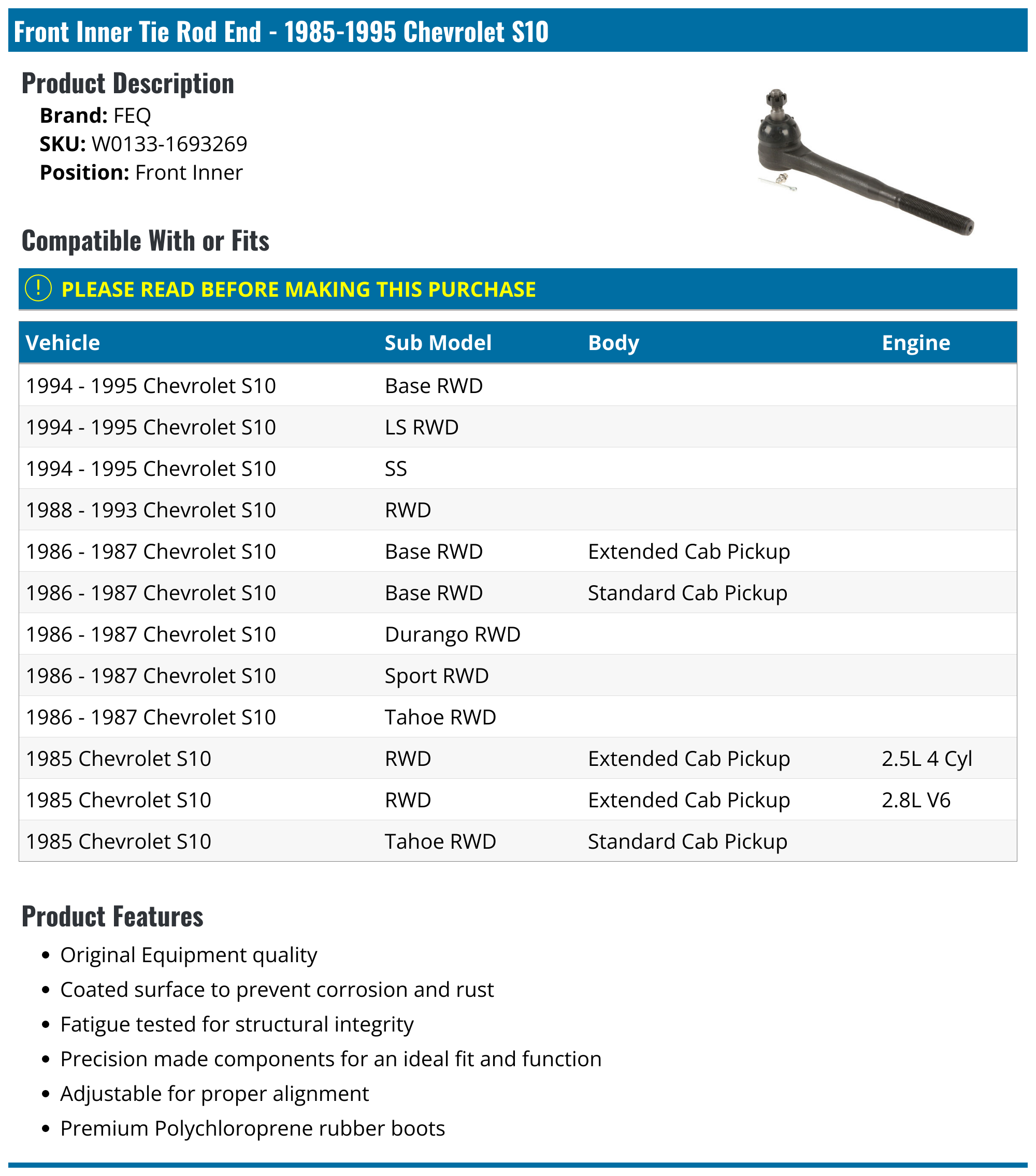 1985-1995 Chevrolet S10 Tie Rod End - FEQ W0133-1693269 - Front Inner ...