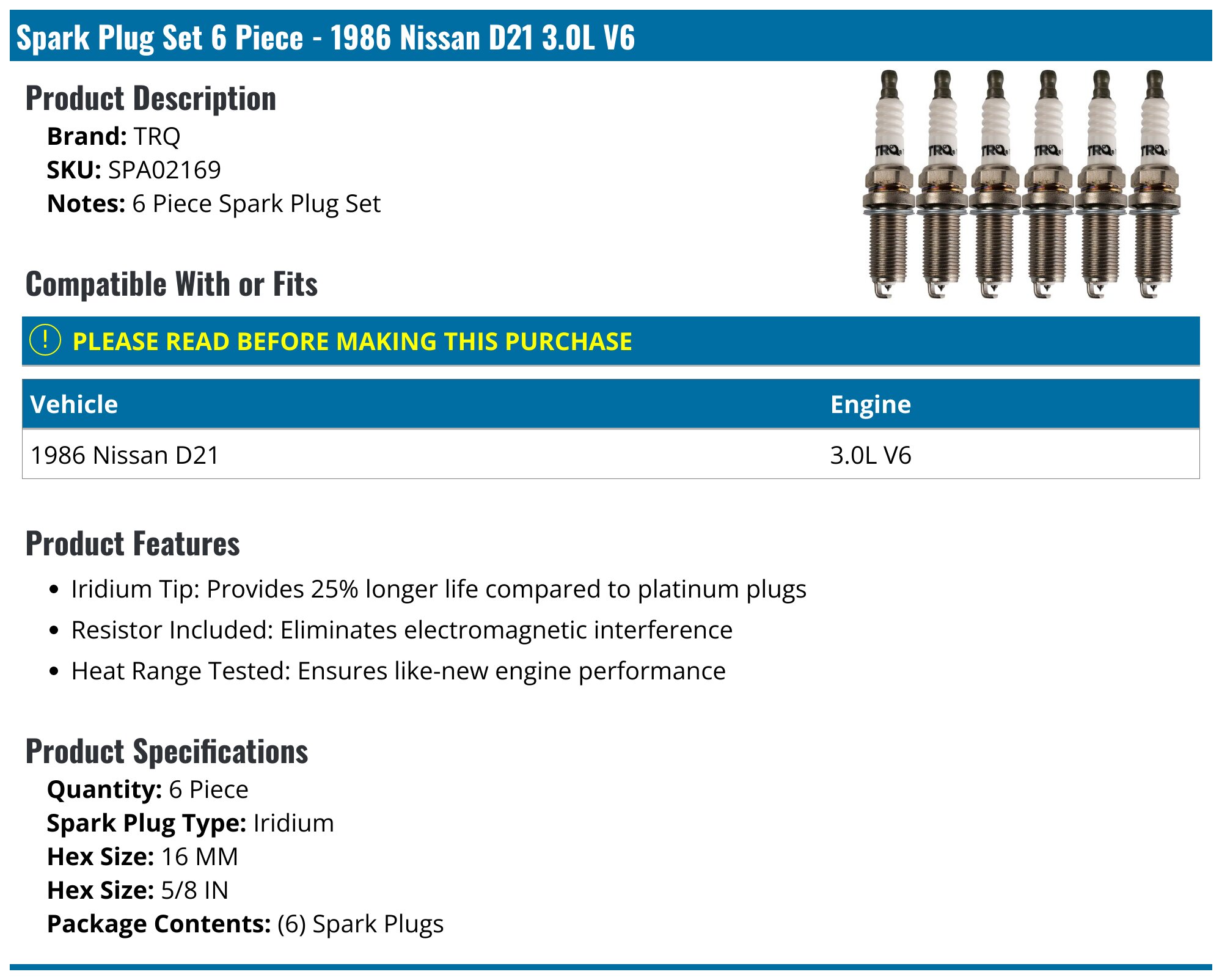 1986 Nissan D21 Spark Plug - TRQ SPA02169 - PartsGeek.com