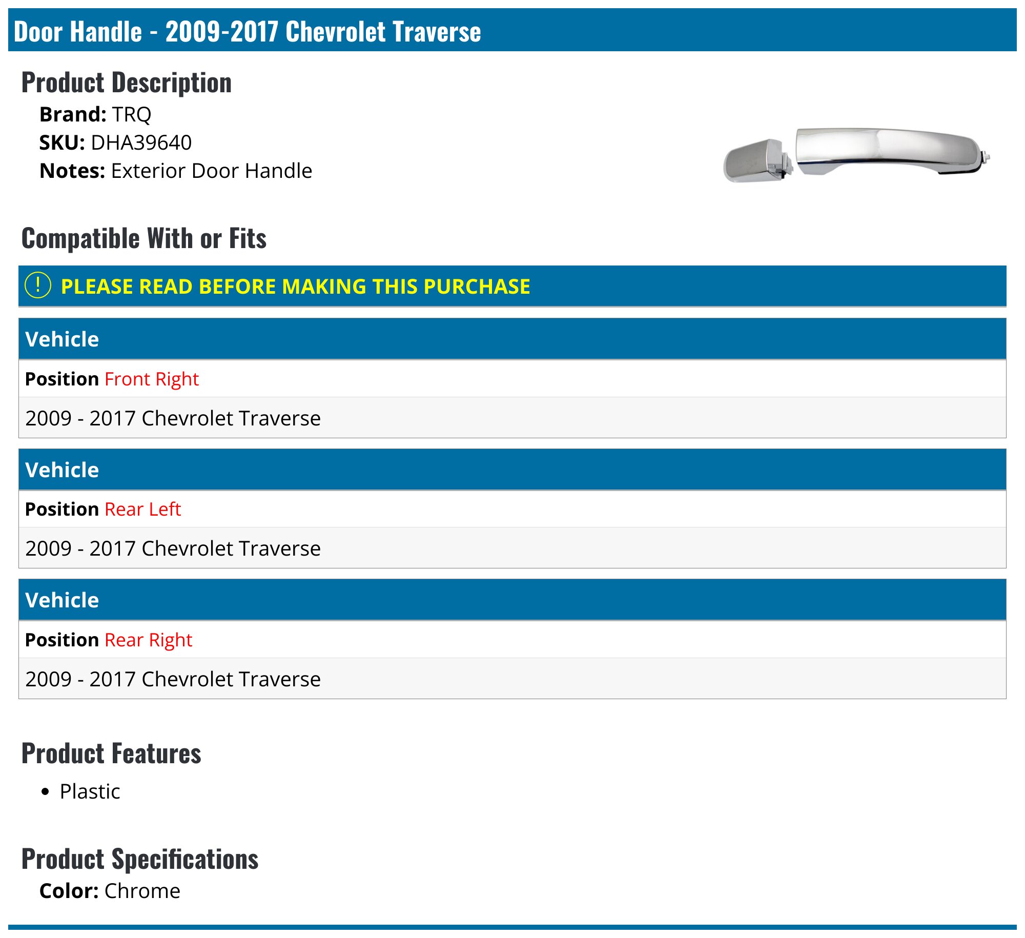 2009-2017 Chevrolet Traverse Door Handle - TRQ DHA39640 - Rear Right ...