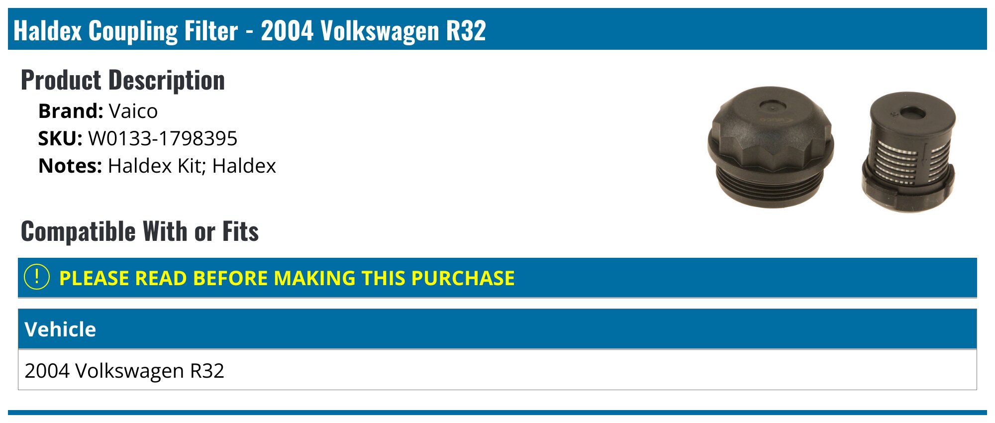 2004 Volkswagen R32 Haldex Coupling Filter - Vaico W0133-1798395 ...