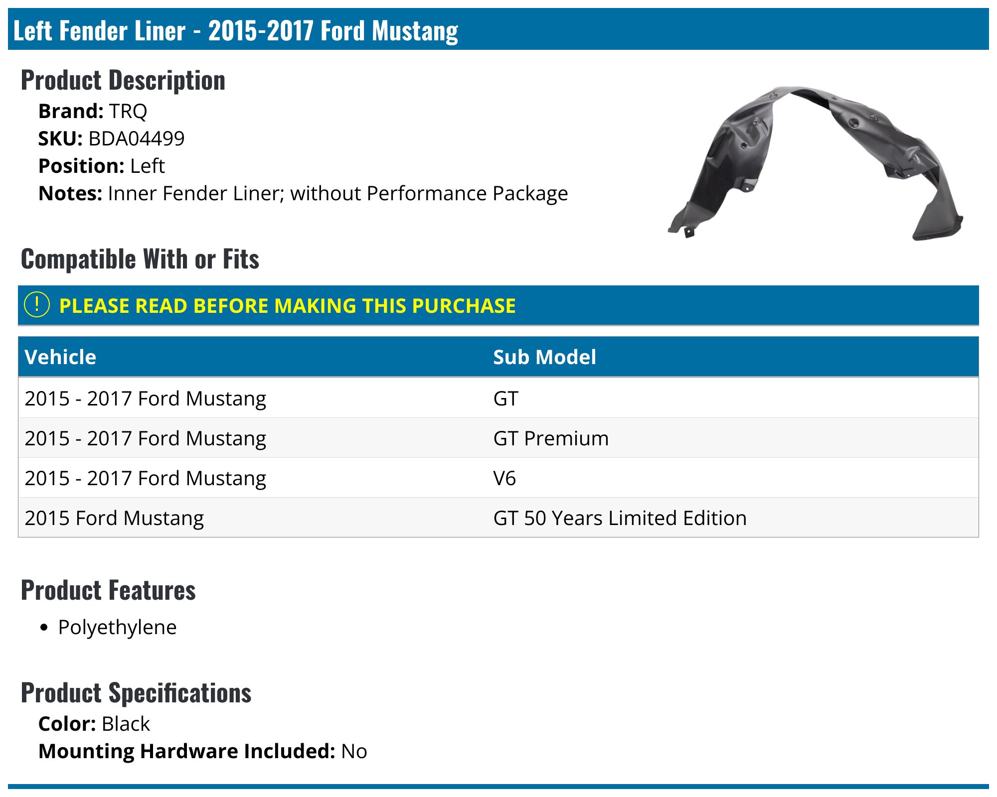2015-2017 Ford Mustang Fender Liner - TRQ BDA04499 - Front Left ...