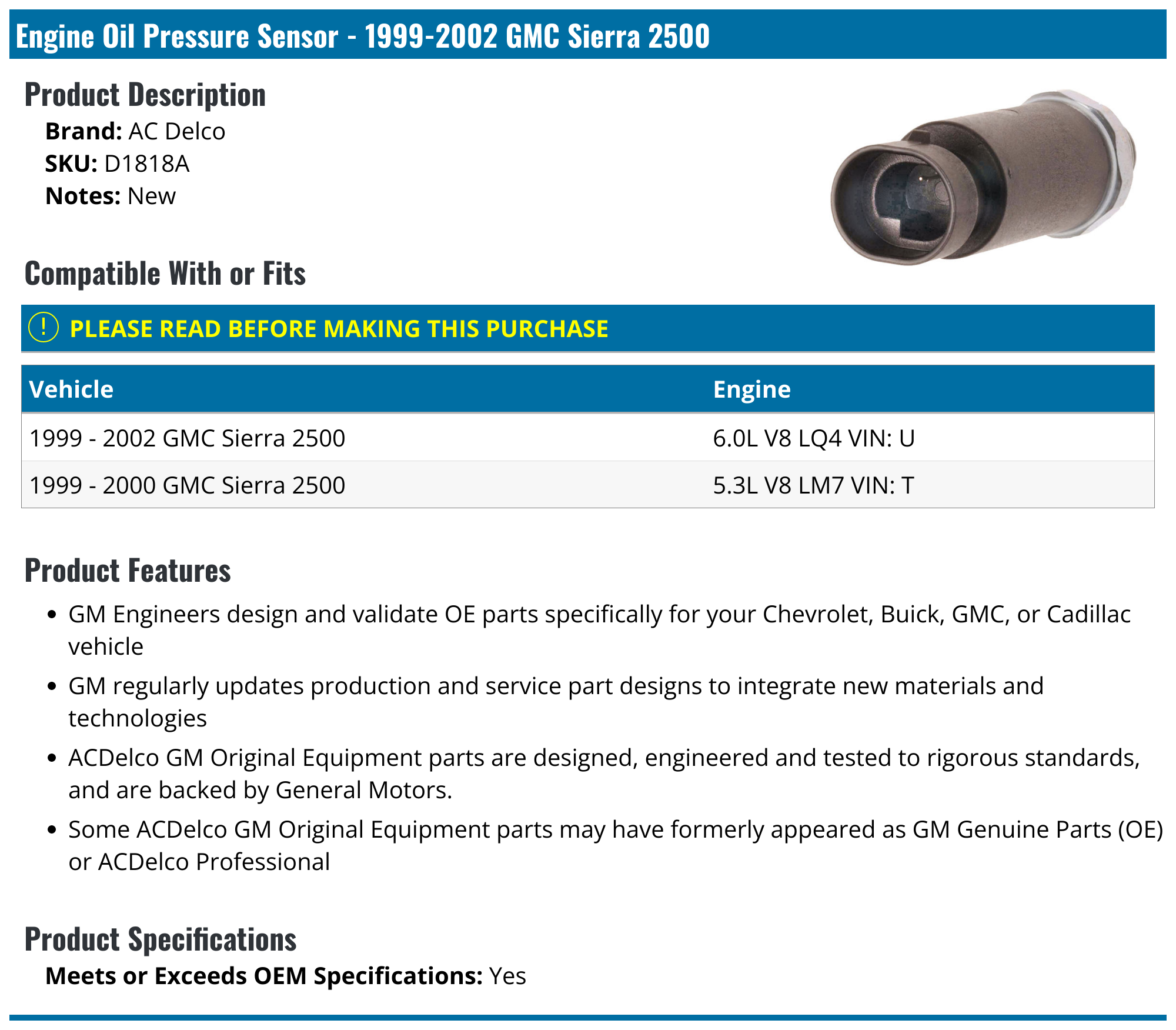 1999-2002 GMC Sierra 2500 Engine Oil Pressure Sensor - AC Delco D1818A ...