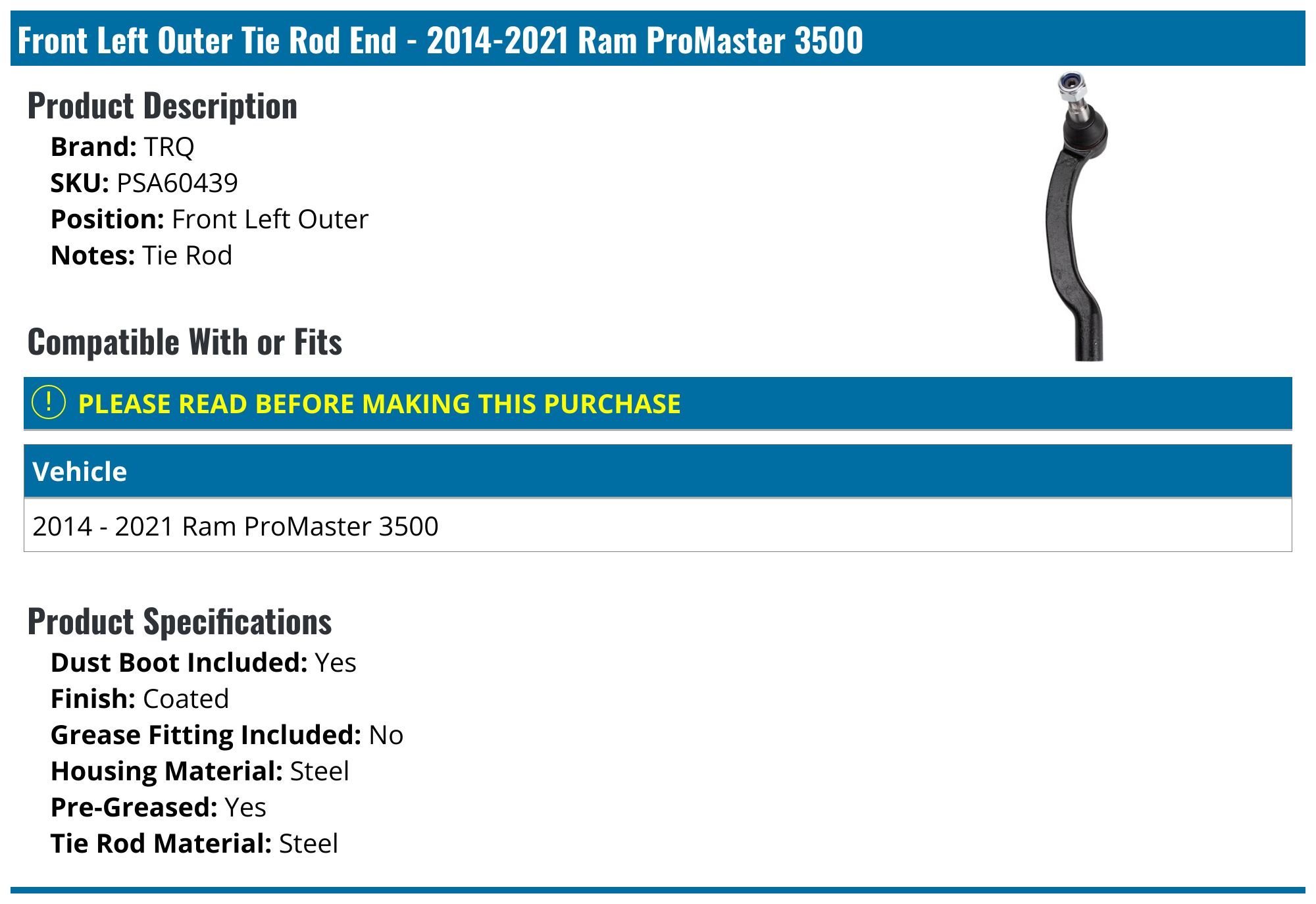 2014-2024 Ram ProMaster 3500 Tie Rod End - TRQ PSA60439 - Front Left ...