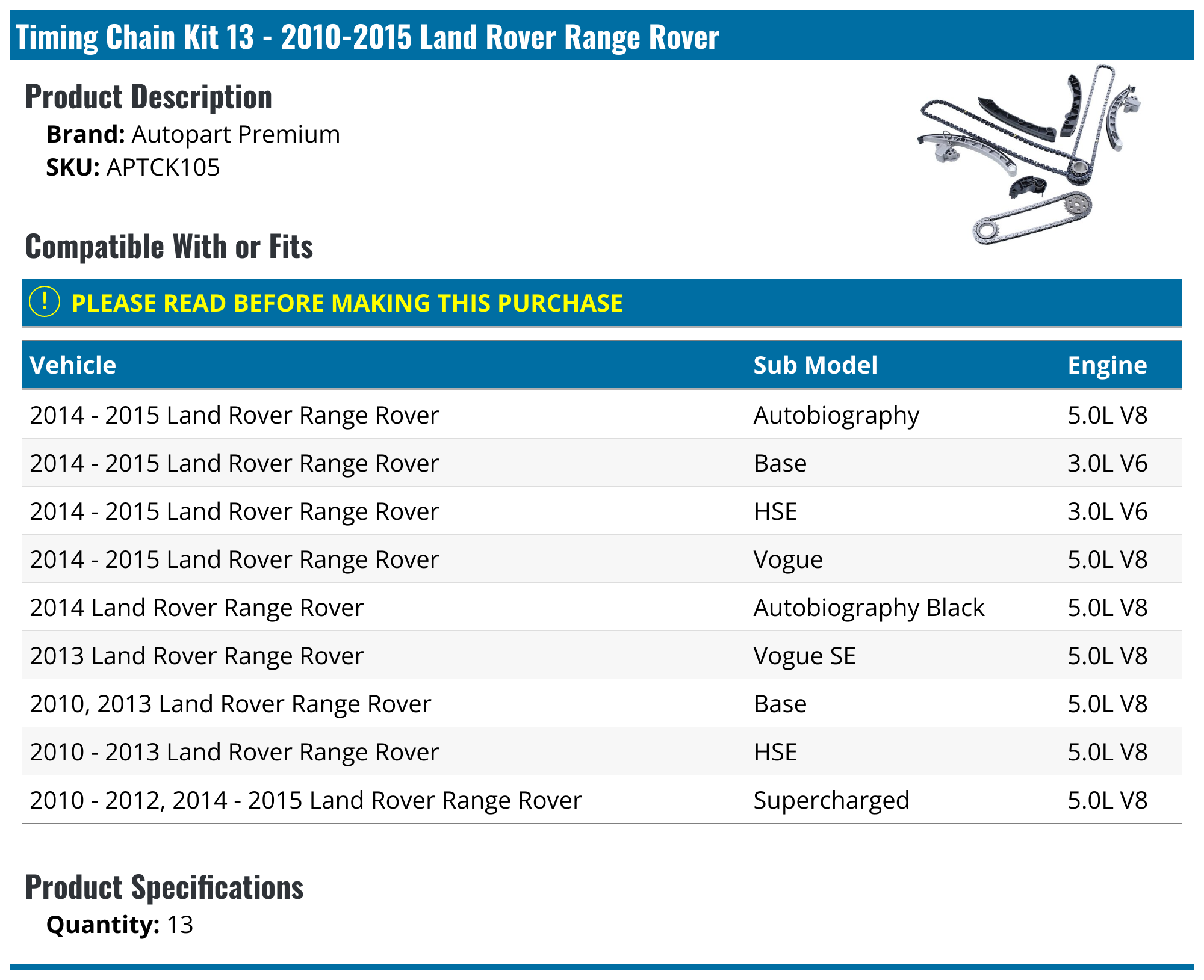 2010-2015 Land Rover Range Rover Timing Chain - Autopart Premium ...