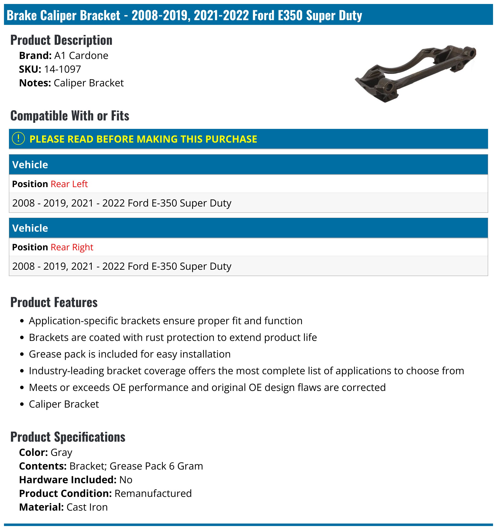 2008-2019, 2021-2023 Ford E350 Super Duty Brake Caliper Bracket - A1 ...