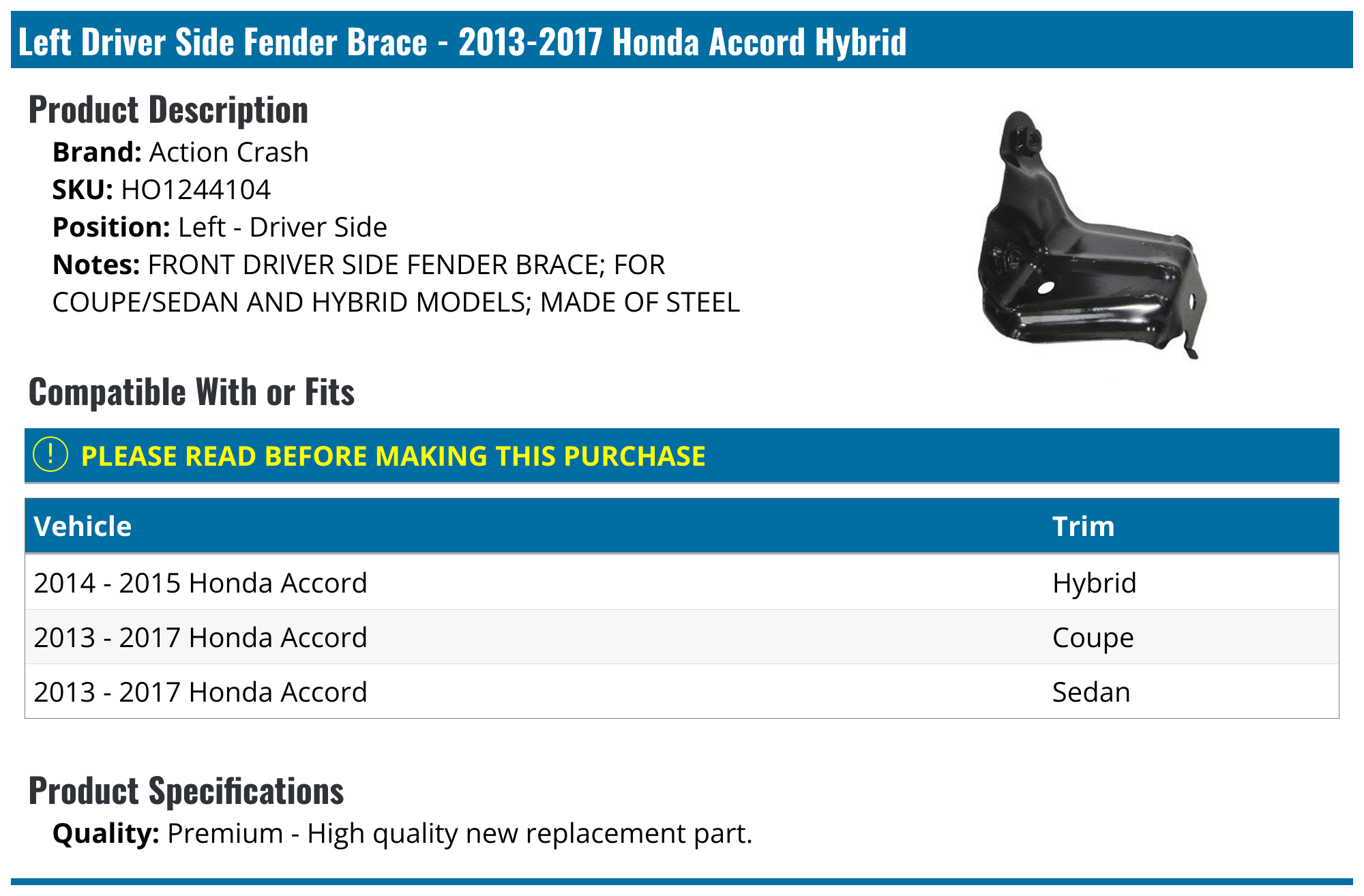 2013-2017 Honda Accord Fender Brace - Action Crash HO1244104 - Left ...