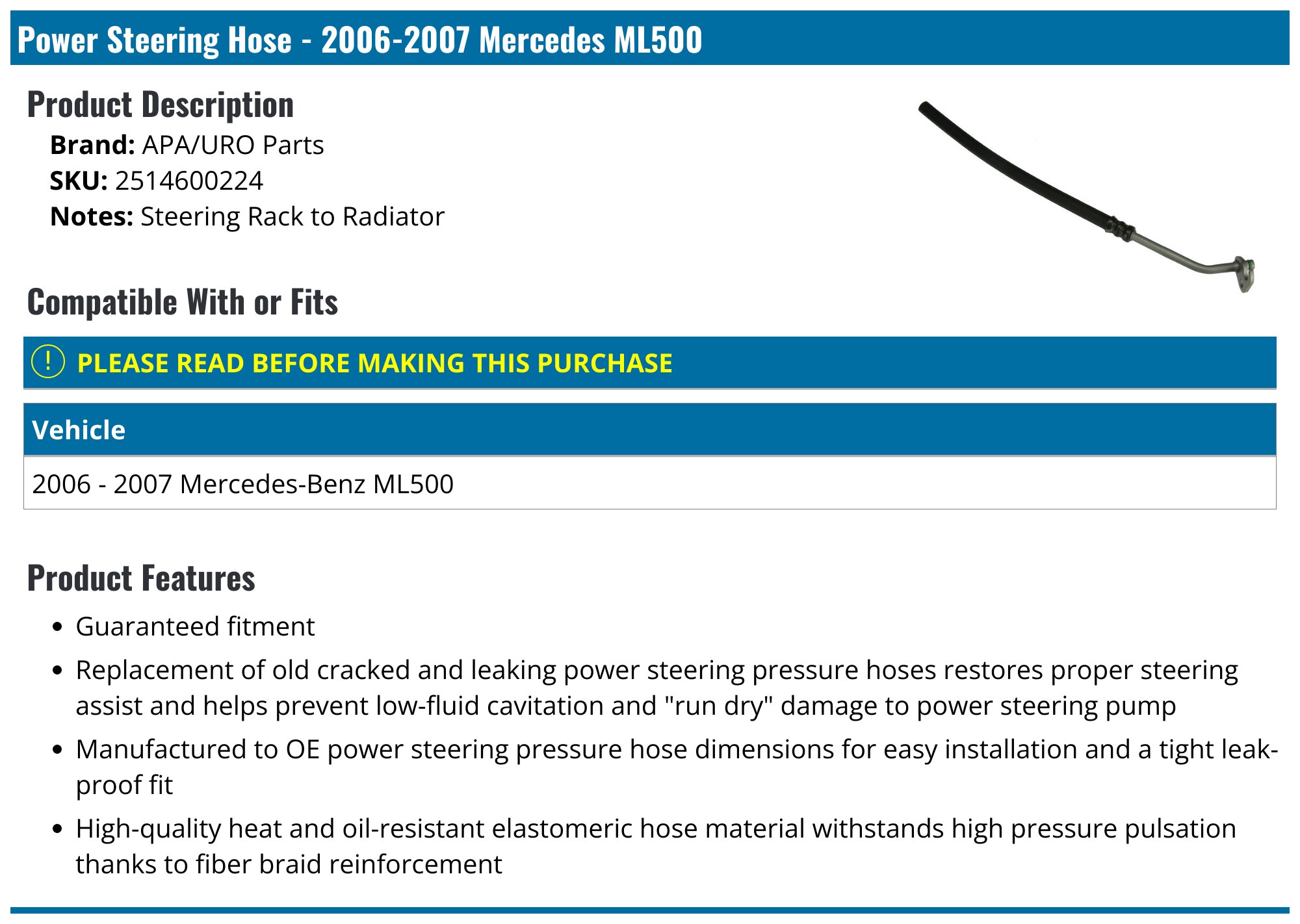 2006-2007 Mercedes ML500 Power Steering Hose - APA/URO Parts 2514600224 ...
