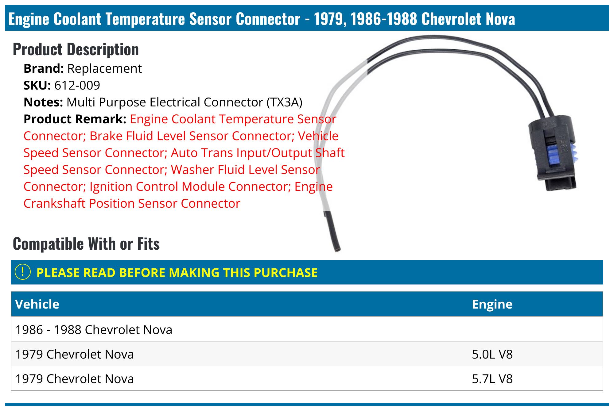 1979, 1986-1988 Chevrolet Nova Engine Coolant Temperature Sensor ...