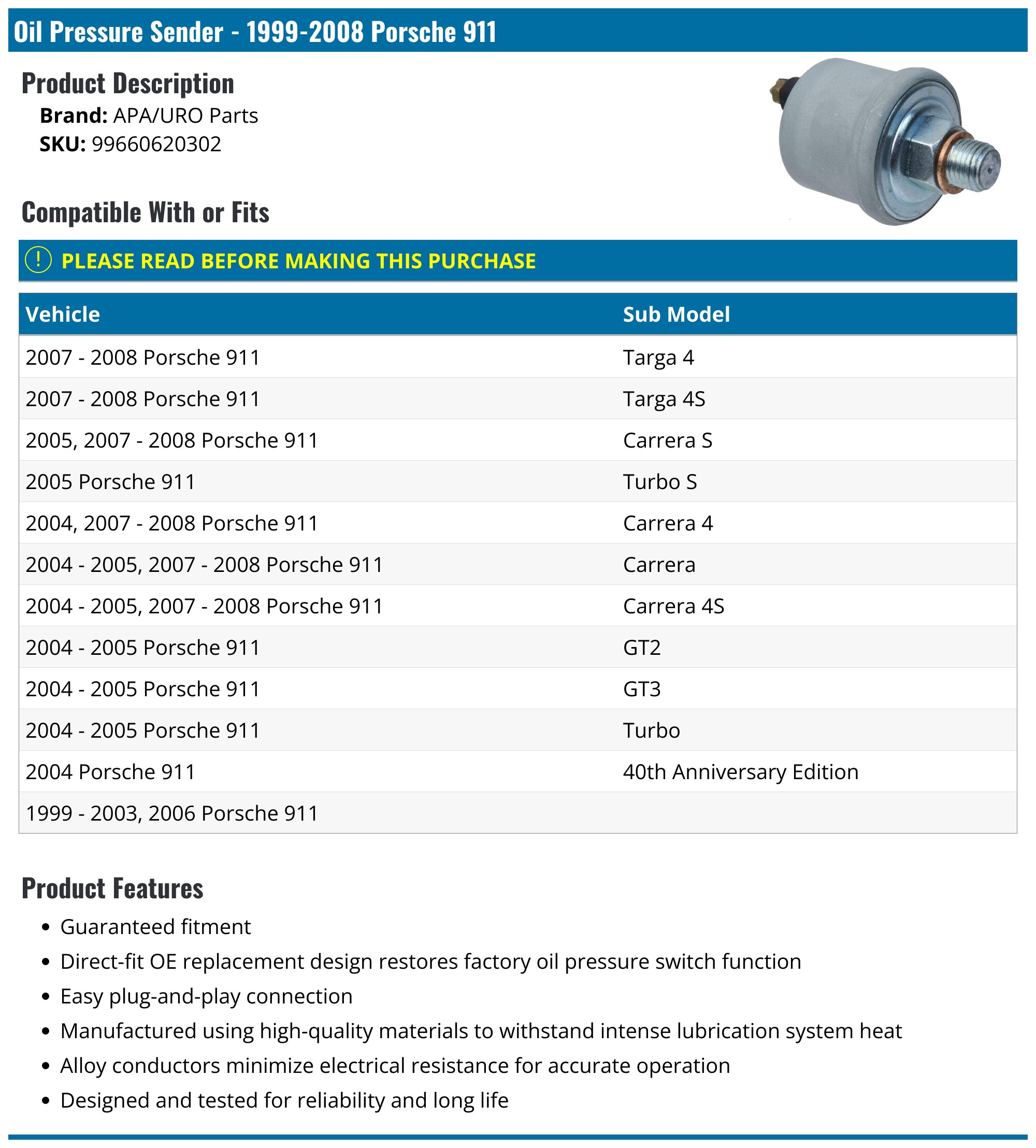 1999-2008 Porsche 911 Oil Pressure Sender - APA/URO Parts 99660620302 ...