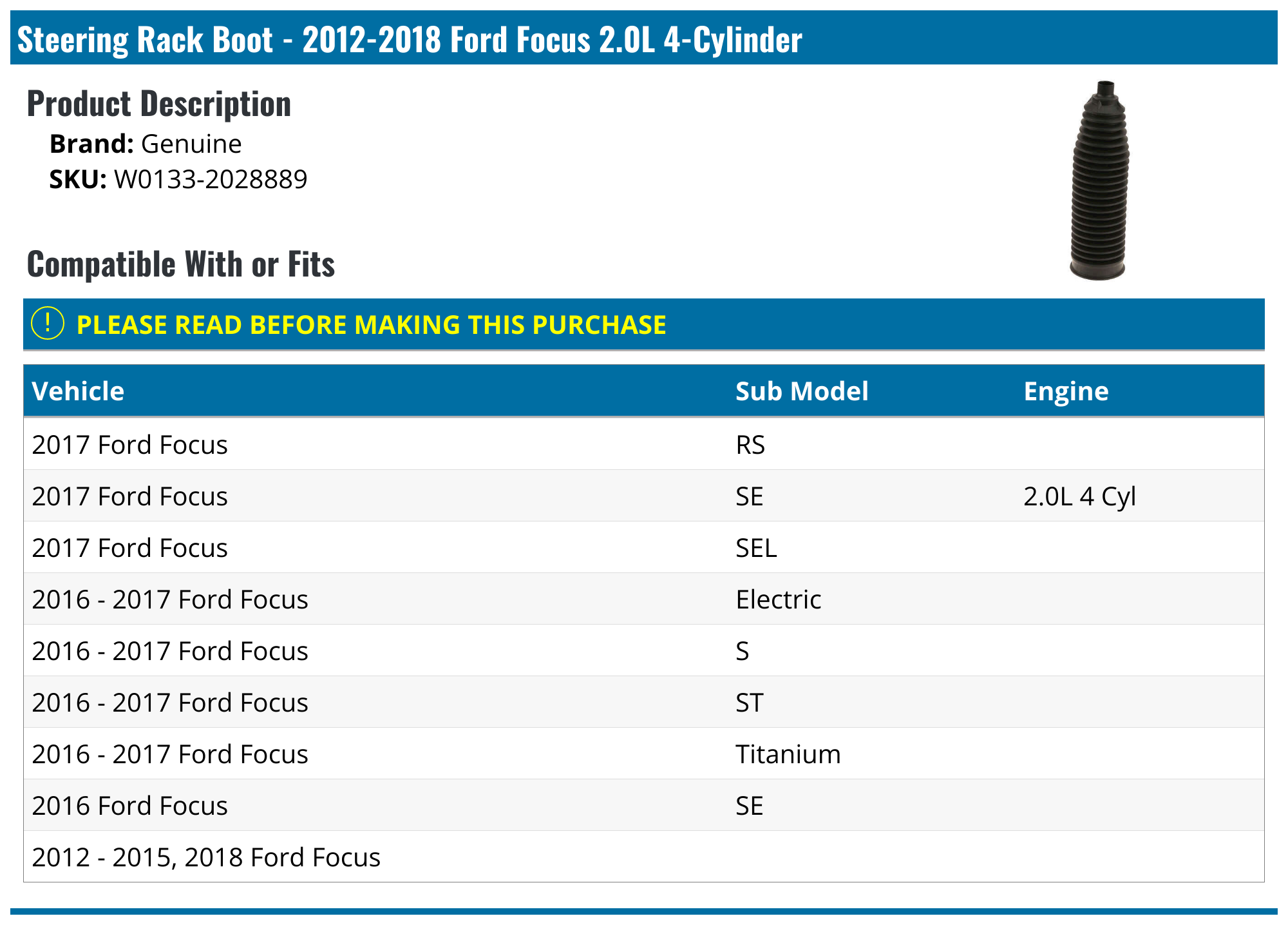 2012-2018 Ford Focus Steering Rack Boot - Genuine W0133-2028889 ...