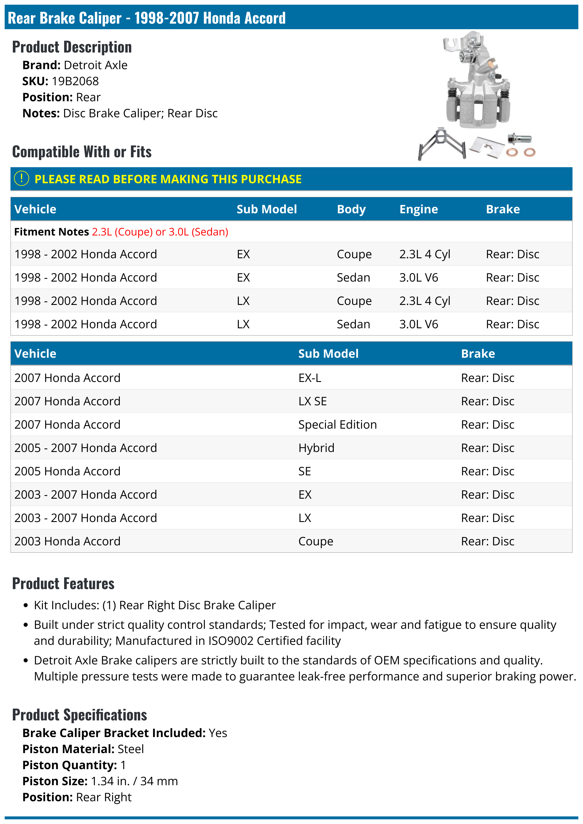 1998-2007 Honda Accord Brake Caliper - Detroit Axle 19B2068 - Rear ...