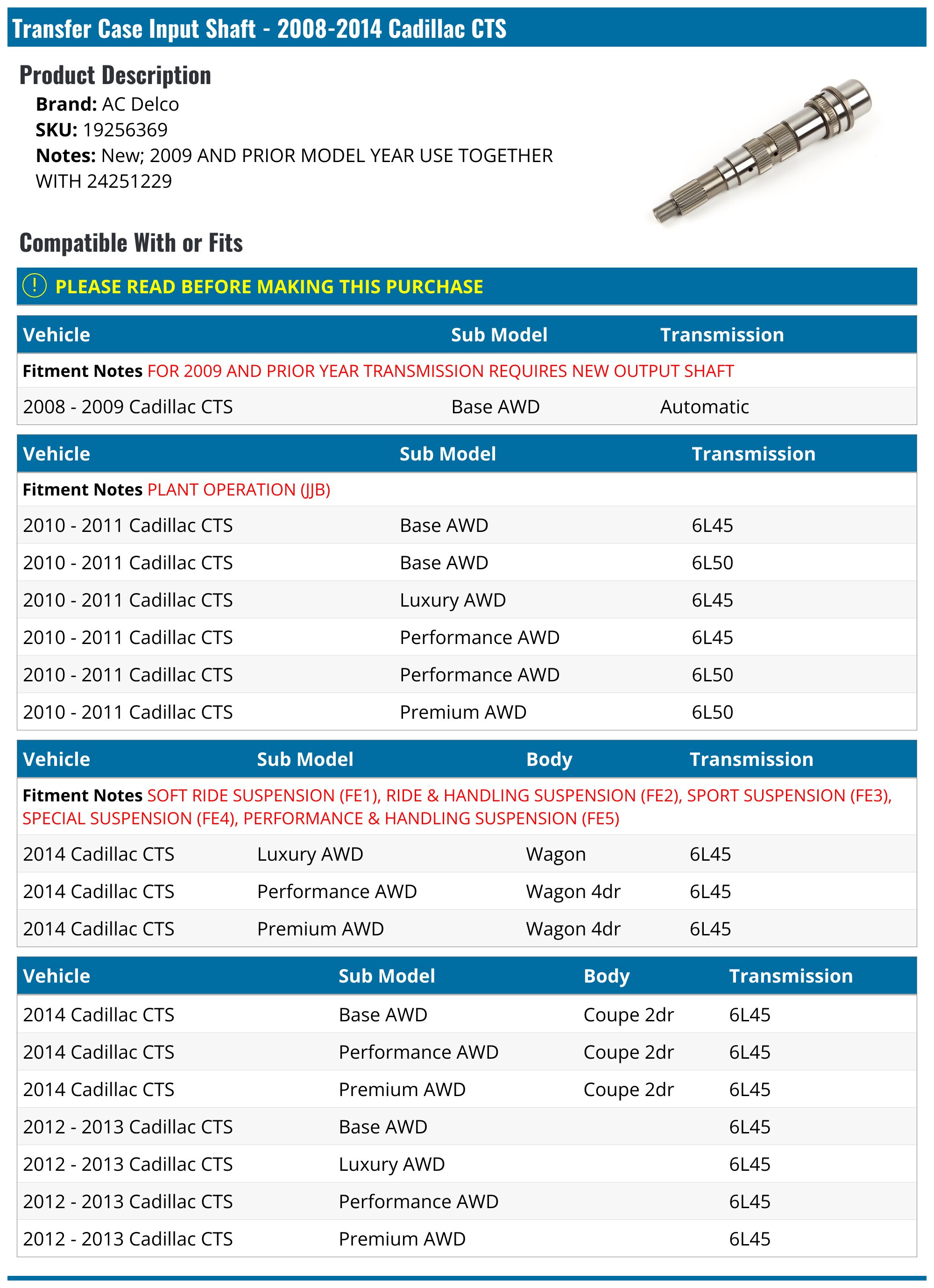 2008-2014 Cadillac CTS Transfer Case Input Shaft - AC Delco 19256369 ...