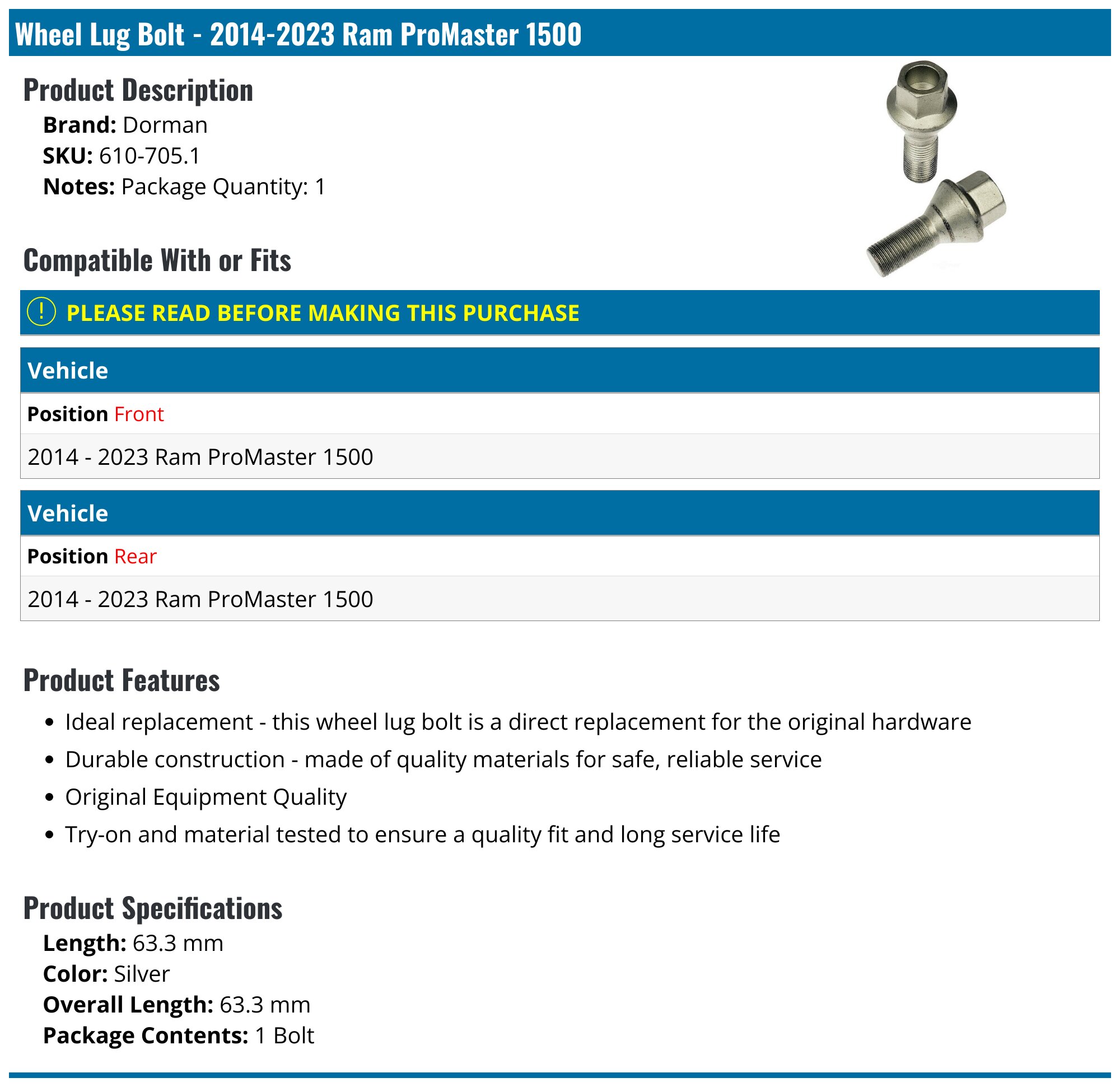 2014-2025 Ram ProMaster 1500 Lug Bolt - Dorman 610-705.1 - Rear ...