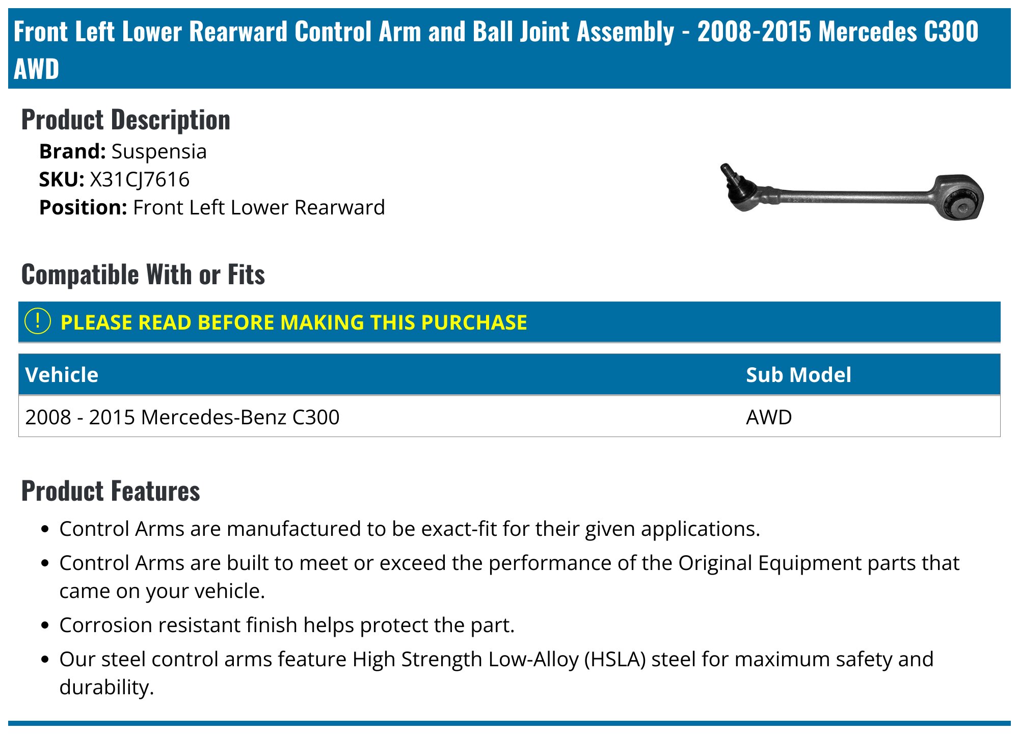 2008-2015 Mercedes C300 Control Arm - Suspensia X31CJ7616 - Front Left ...