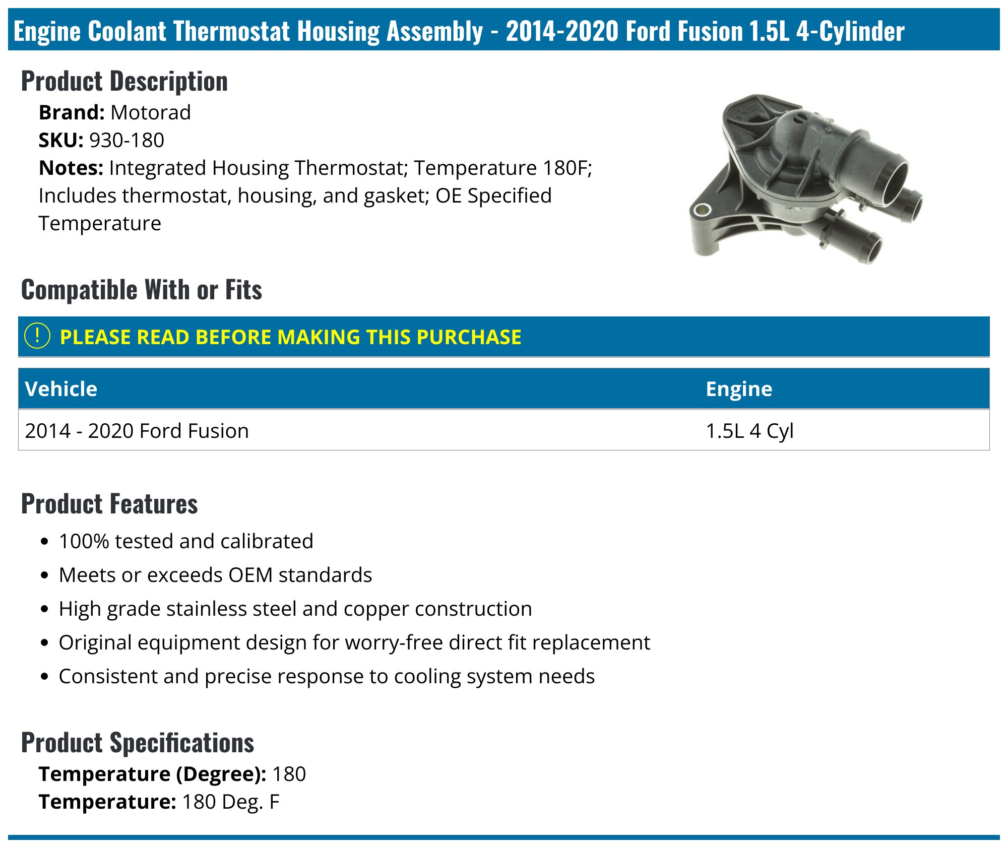 2014-2020 Ford Fusion Thermostat Housing - Motorad 930-180 ...