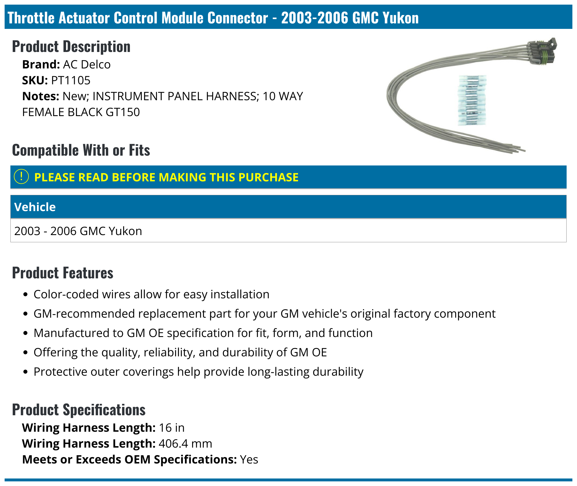 2003-2006 GMC Yukon Throttle Actuator Control Module Connector - AC ...