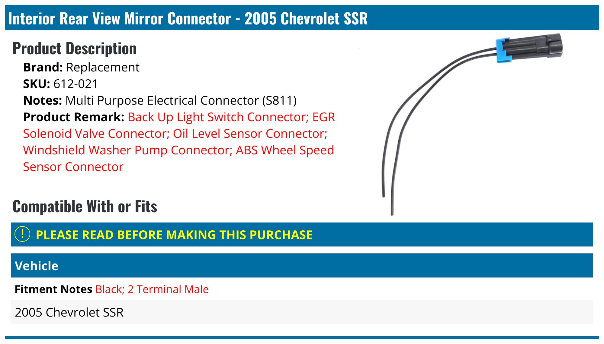 2005 Chevrolet SSR Interior Rear View Mirror Connector - Replacement ...