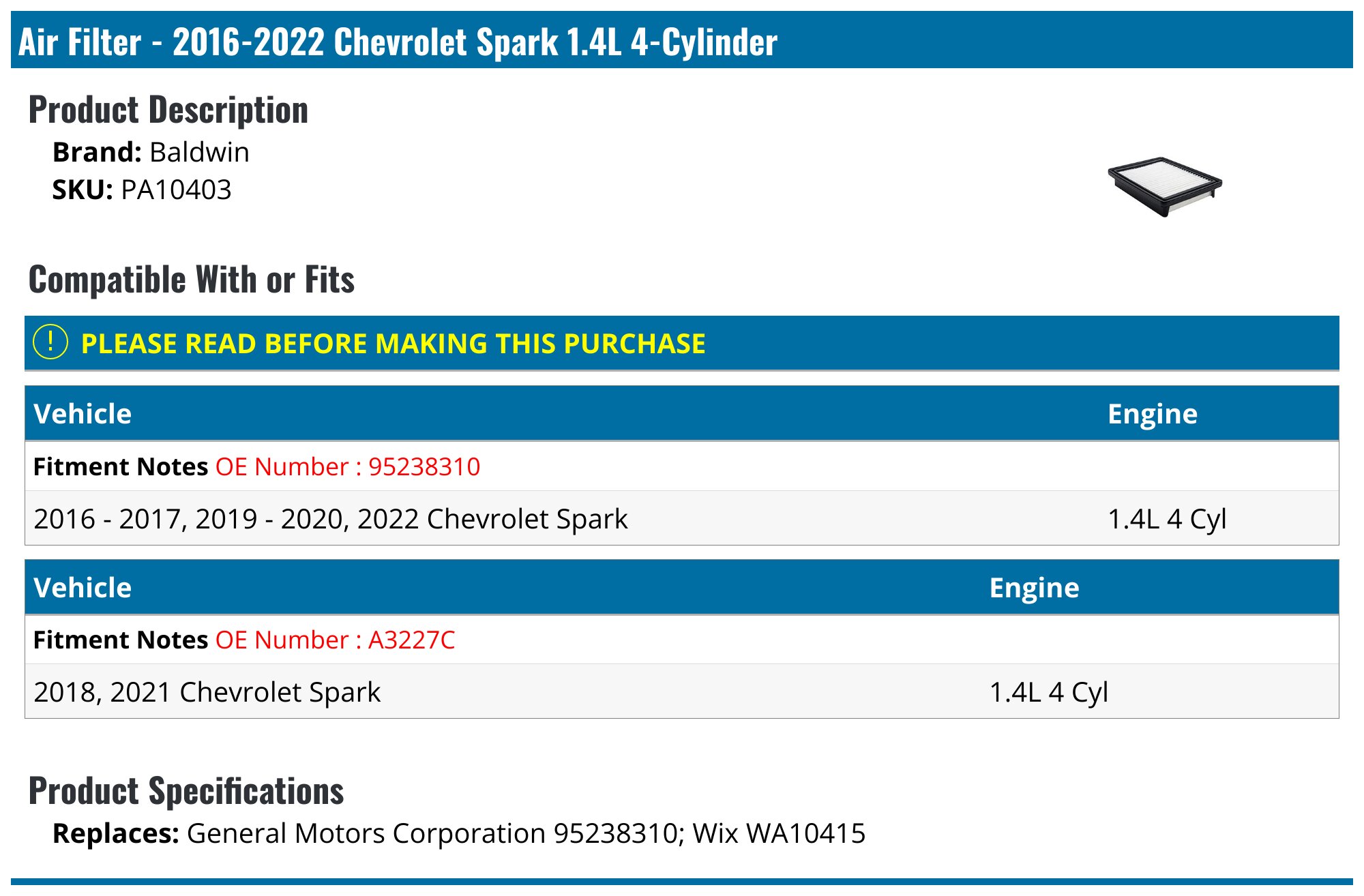 2016-2022 Chevrolet Spark Air Filter - Baldwin PA10403 - PartsGeek.com