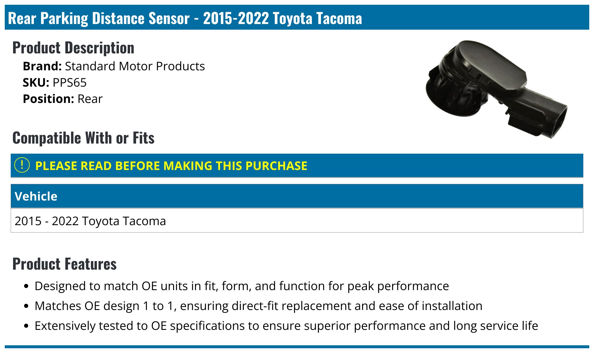2015-2023 Toyota Tacoma Parking Distance Sensor - Standard Motor ...