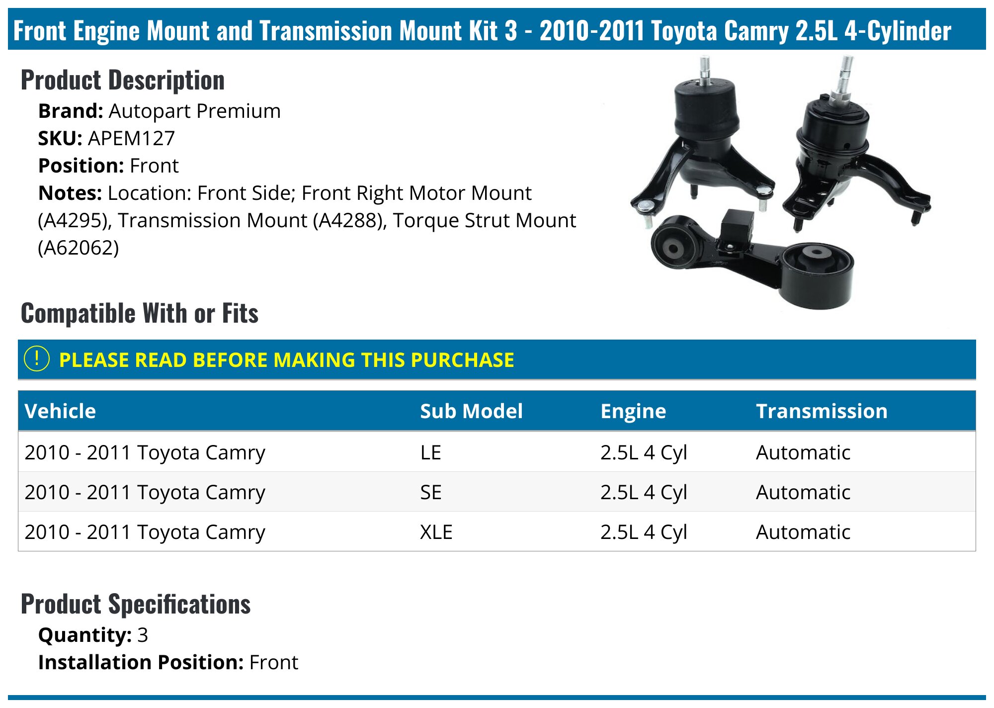 2010-2011 Toyota Camry Engine Mount - Autopart Premium APEM127 - Front ...