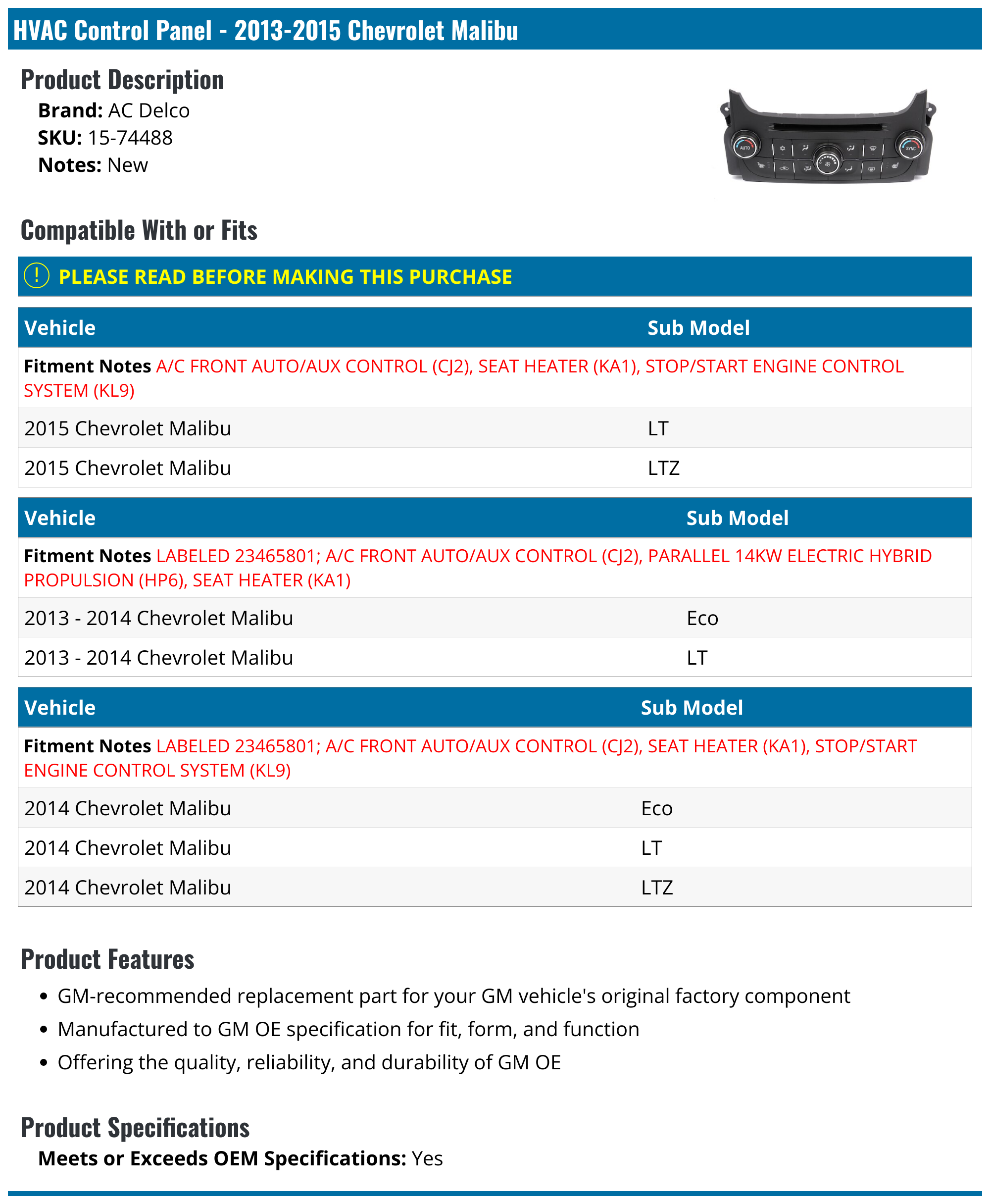 2013-2015 Chevrolet Malibu HVAC Control Module - AC Delco 15-74488 ...
