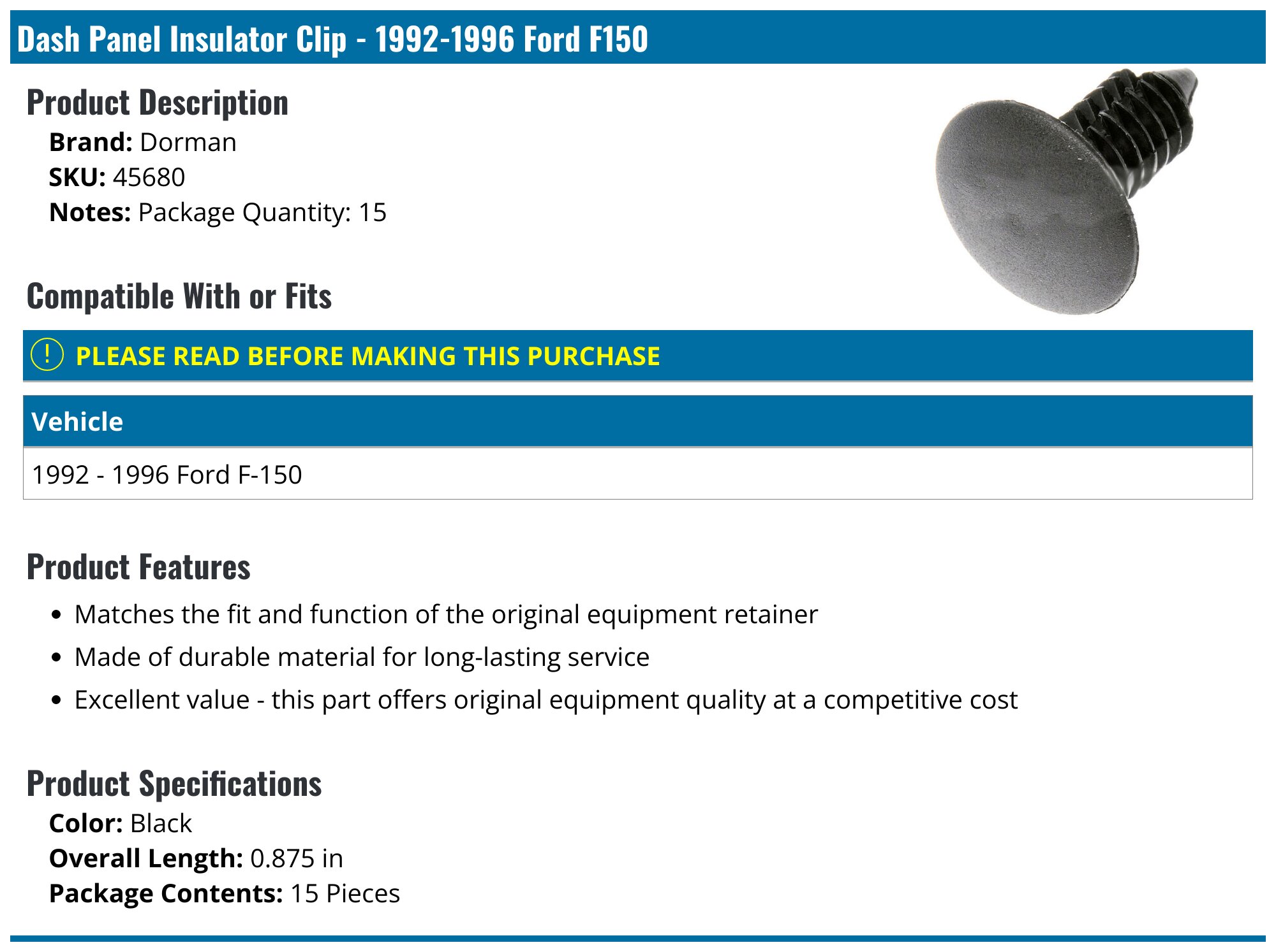 1992-1996 Ford F150 Dash Panel Insulator Clip - Dorman 45680 ...