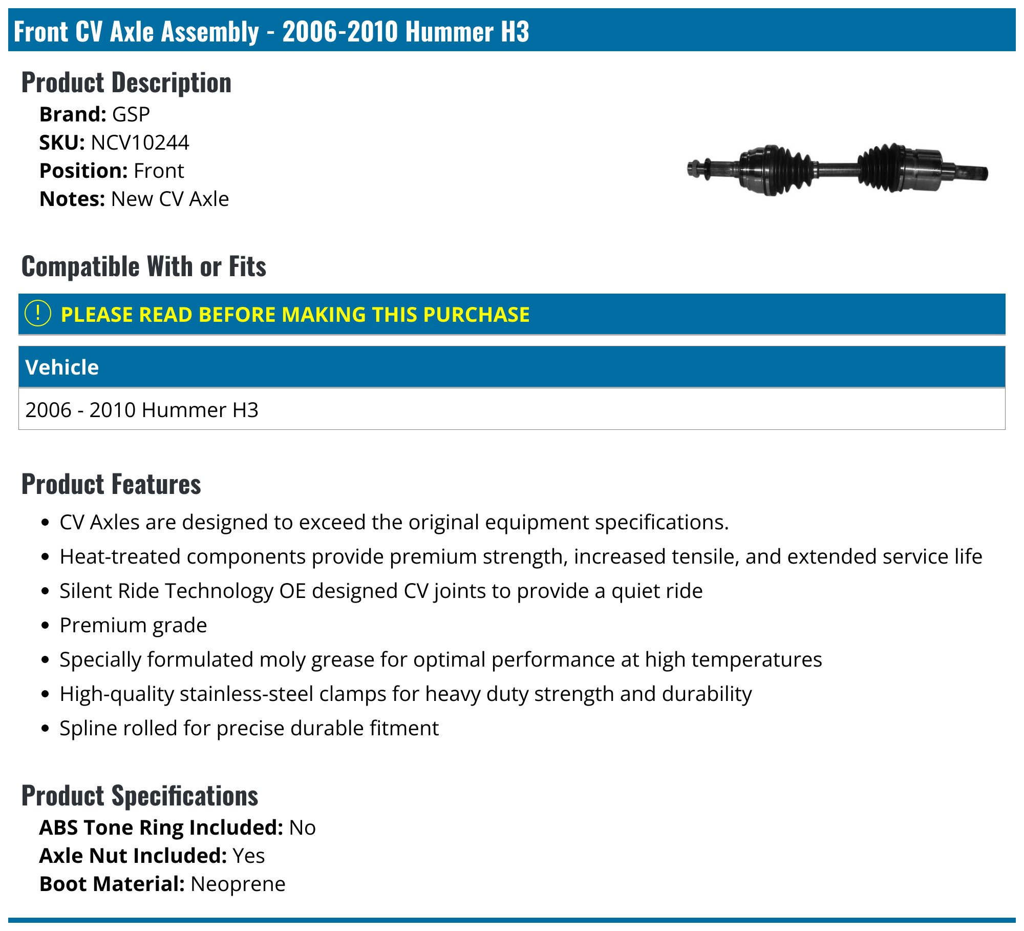 2006-2010 Hummer H3 Axle Assembly - GSP NCV10244 - Front - PartsGeek.com