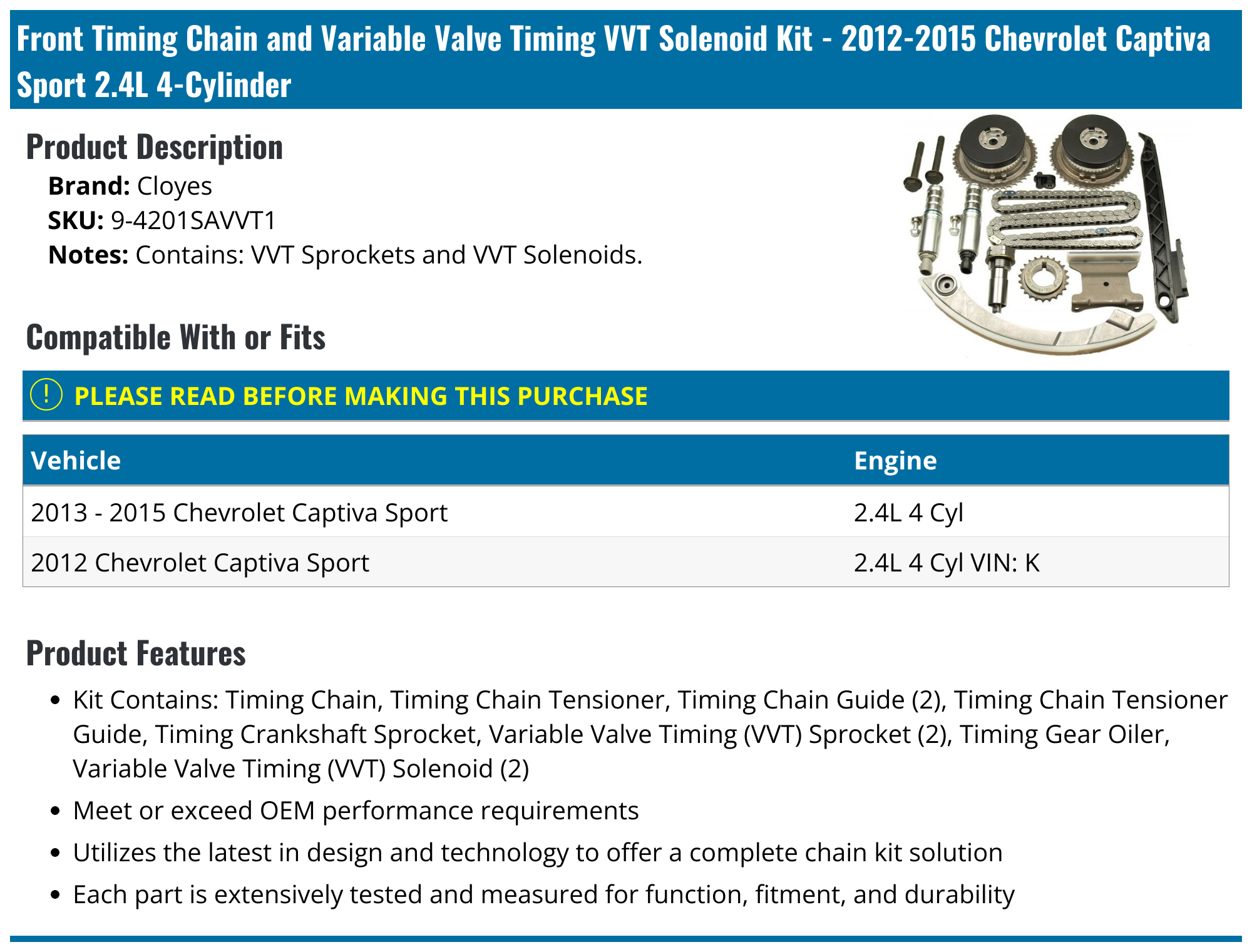 2012-2015 Chevrolet Captiva Sport Timing Chain - Cloyes 9-4201SAVVT1 ...