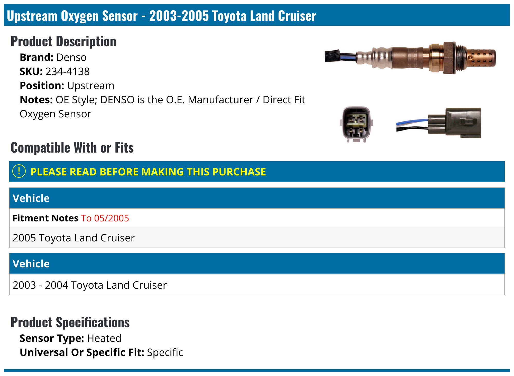 2003-2005 Toyota Land Cruiser Oxygen Sensor - Denso 234-4138 - Upstream ...