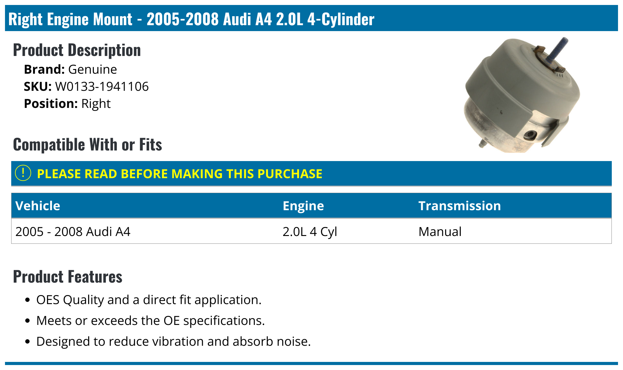 2005-2008 Audi A4 Engine Mount - Genuine W0133-1941106 - Right ...