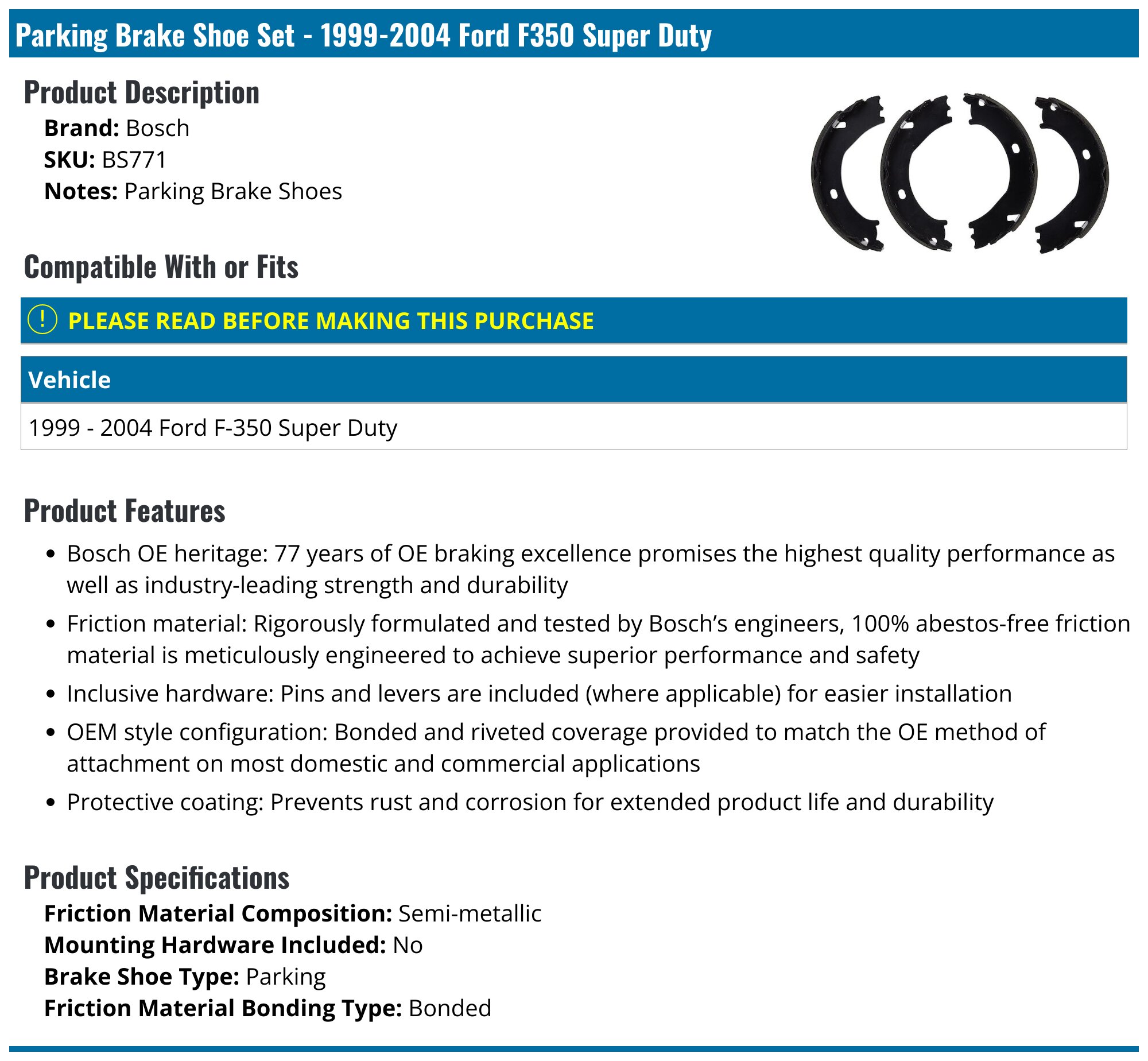 1999-2004 Ford F350 Super Duty Parking Brake Shoe Set - Bosch BS771 ...