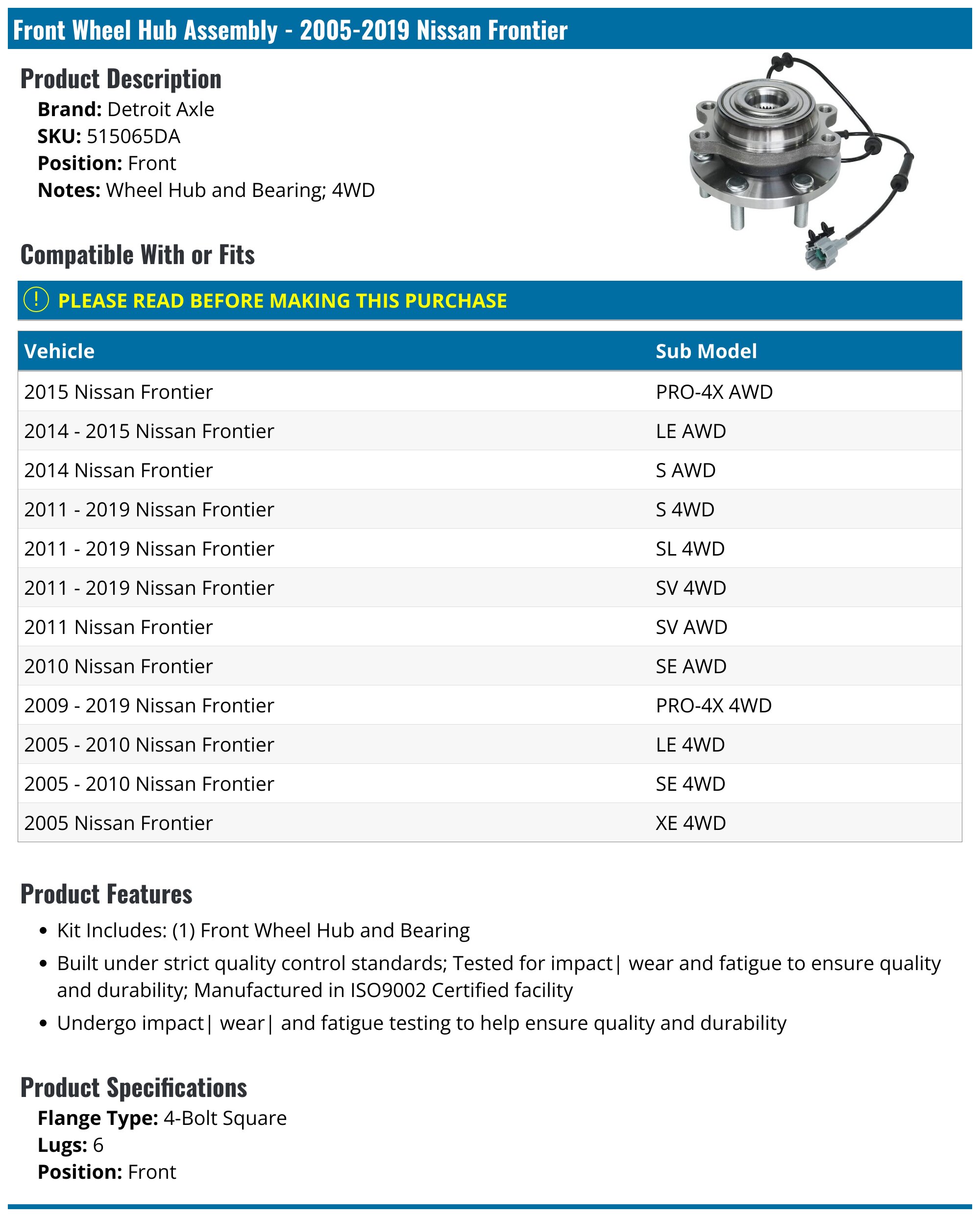 2005-2019 Nissan Frontier Wheel Hub Assembly - Detroit Axle 515065DA ...