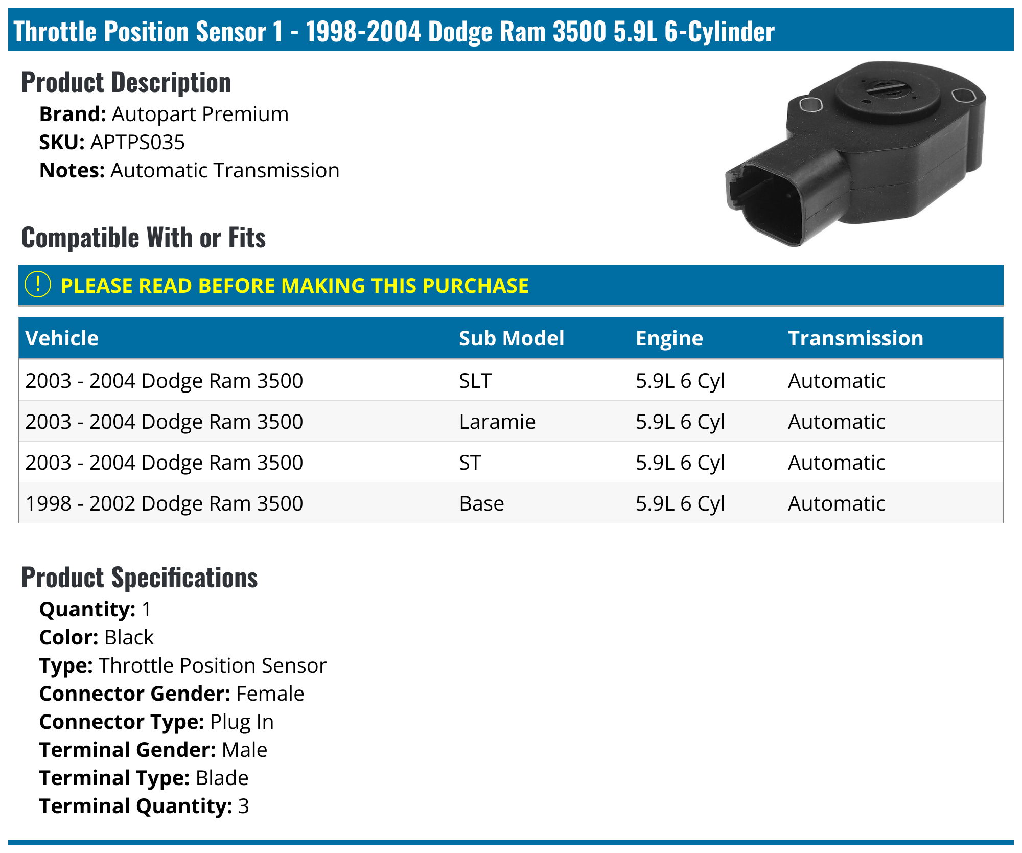 1998-2004 Dodge Ram 3500 Throttle Position Sensor - Autopart Premium ...