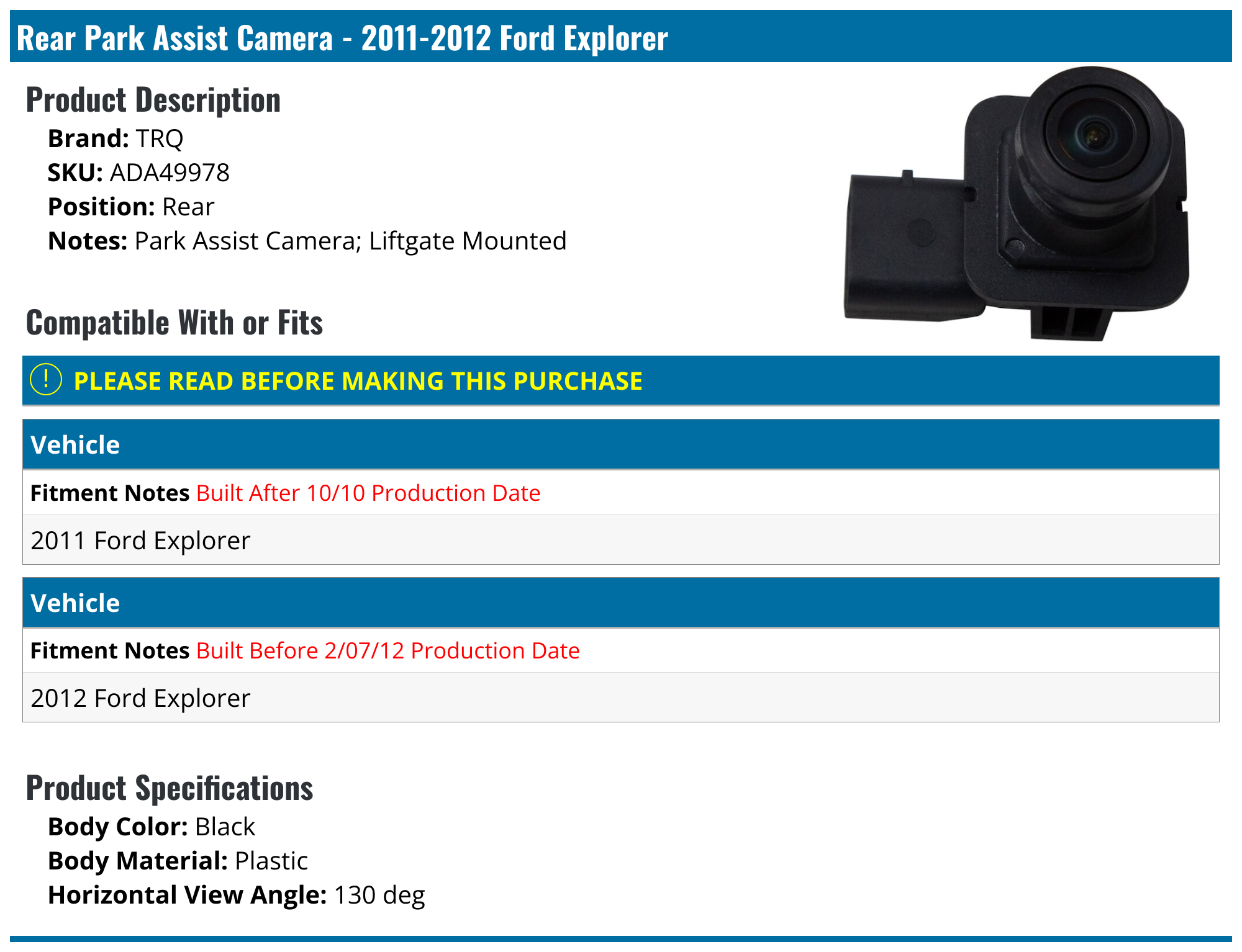 2011-2012 Ford Explorer Backup Camera - TRQ ADA49978 - Rear - PartsGeek.com