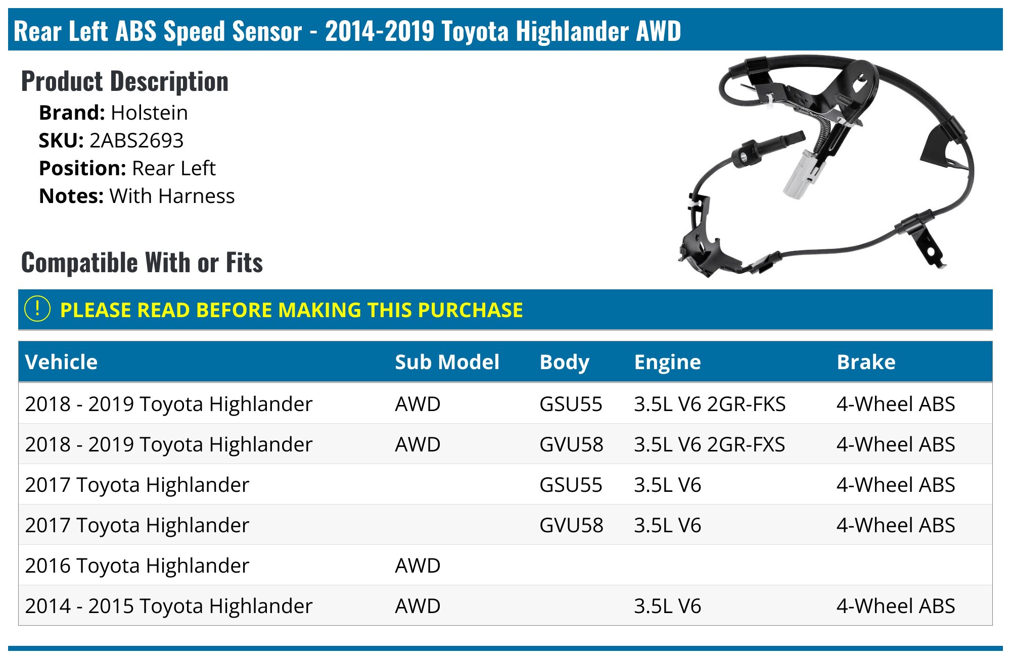 2014-2019 Toyota Highlander ABS Speed Sensor - Holstein 2ABS2693 - Rear ...