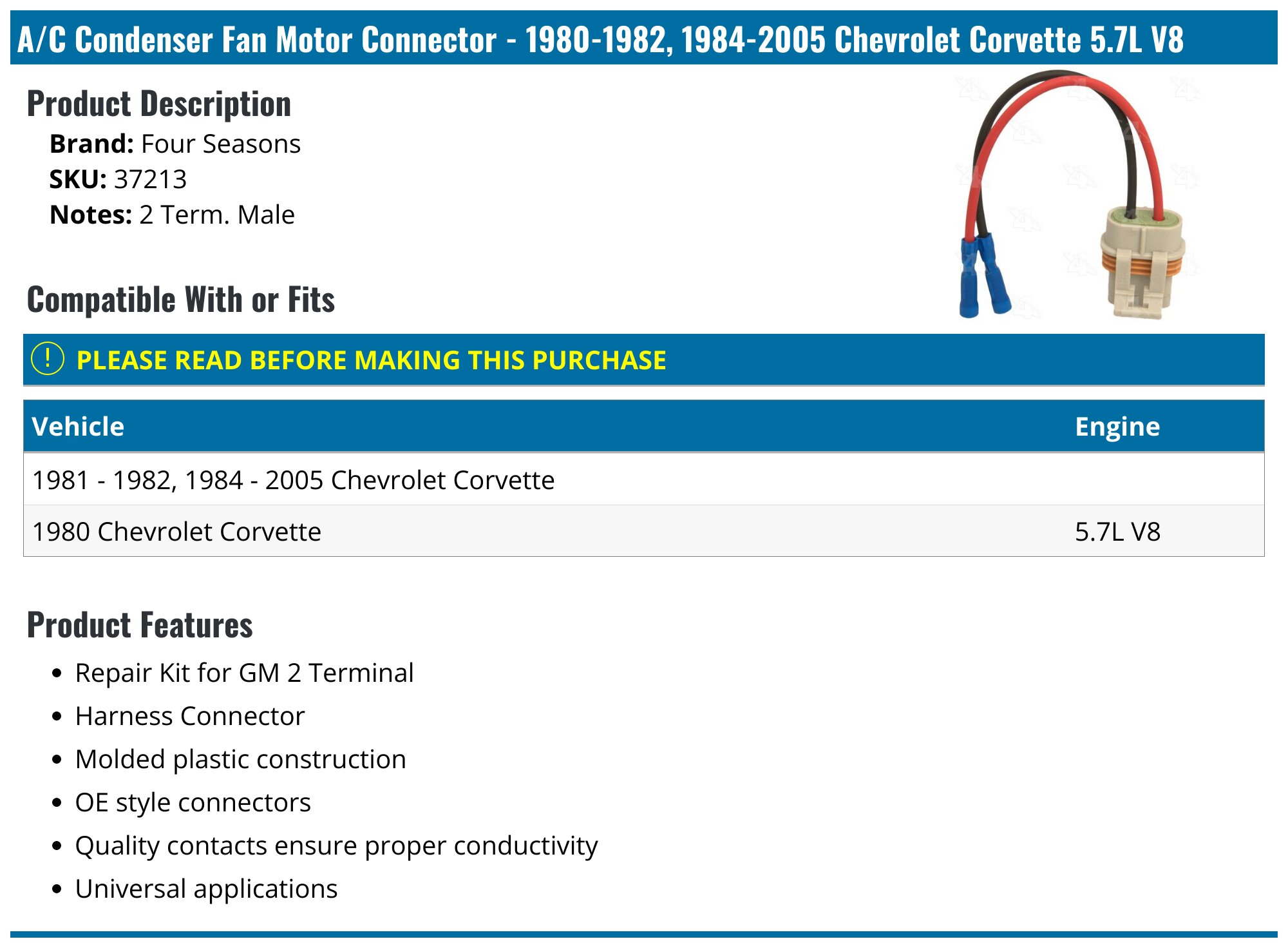 1980-1982, 1984-2005 Chevrolet Corvette A/C Condenser Fan Motor ...