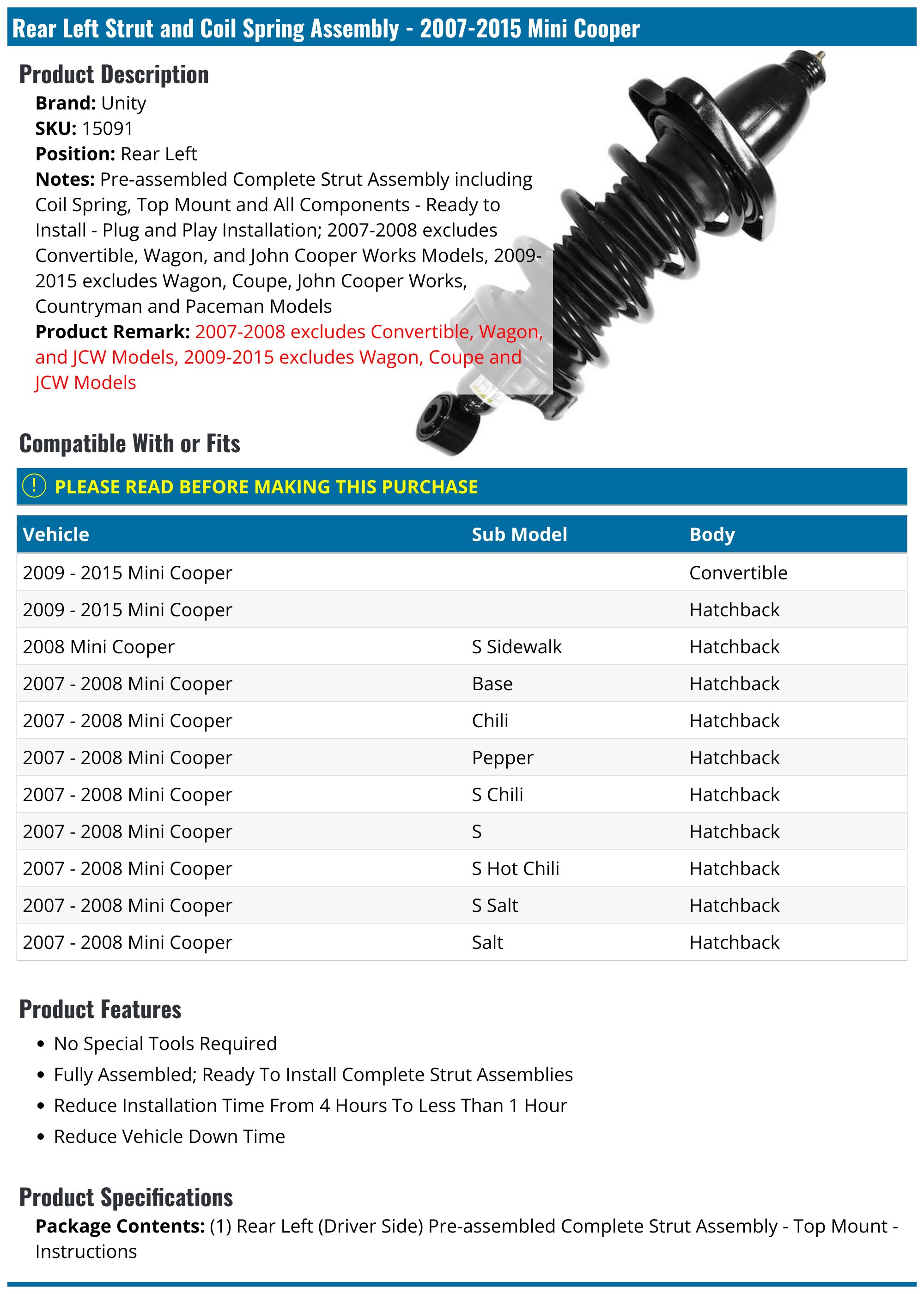 2007-2015 Mini Cooper Strut Assembly - Unity 15091 - Rear Left ...