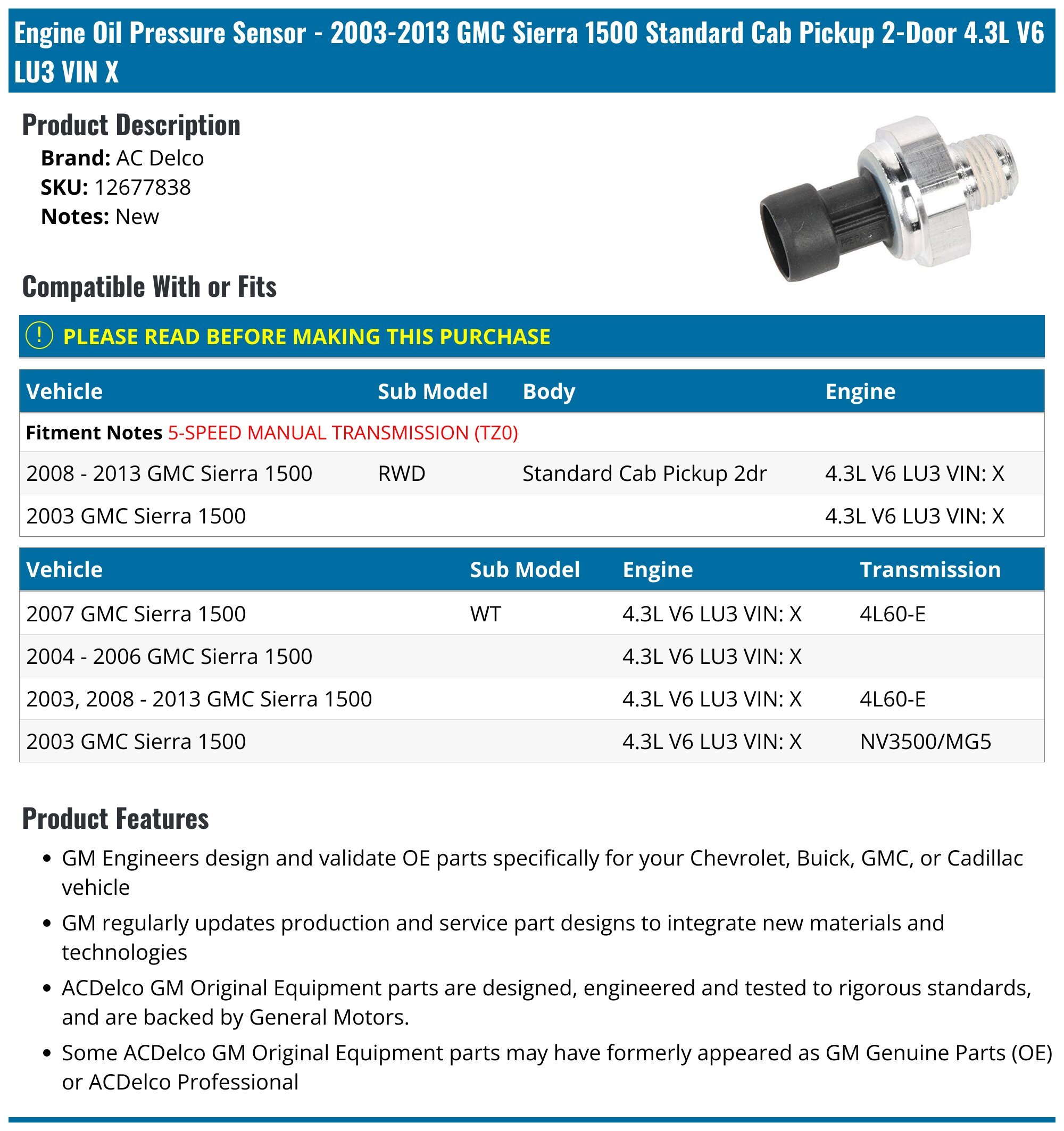 2003-2013 GMC Sierra 1500 Engine Oil Pressure Sensor - AC Delco ...