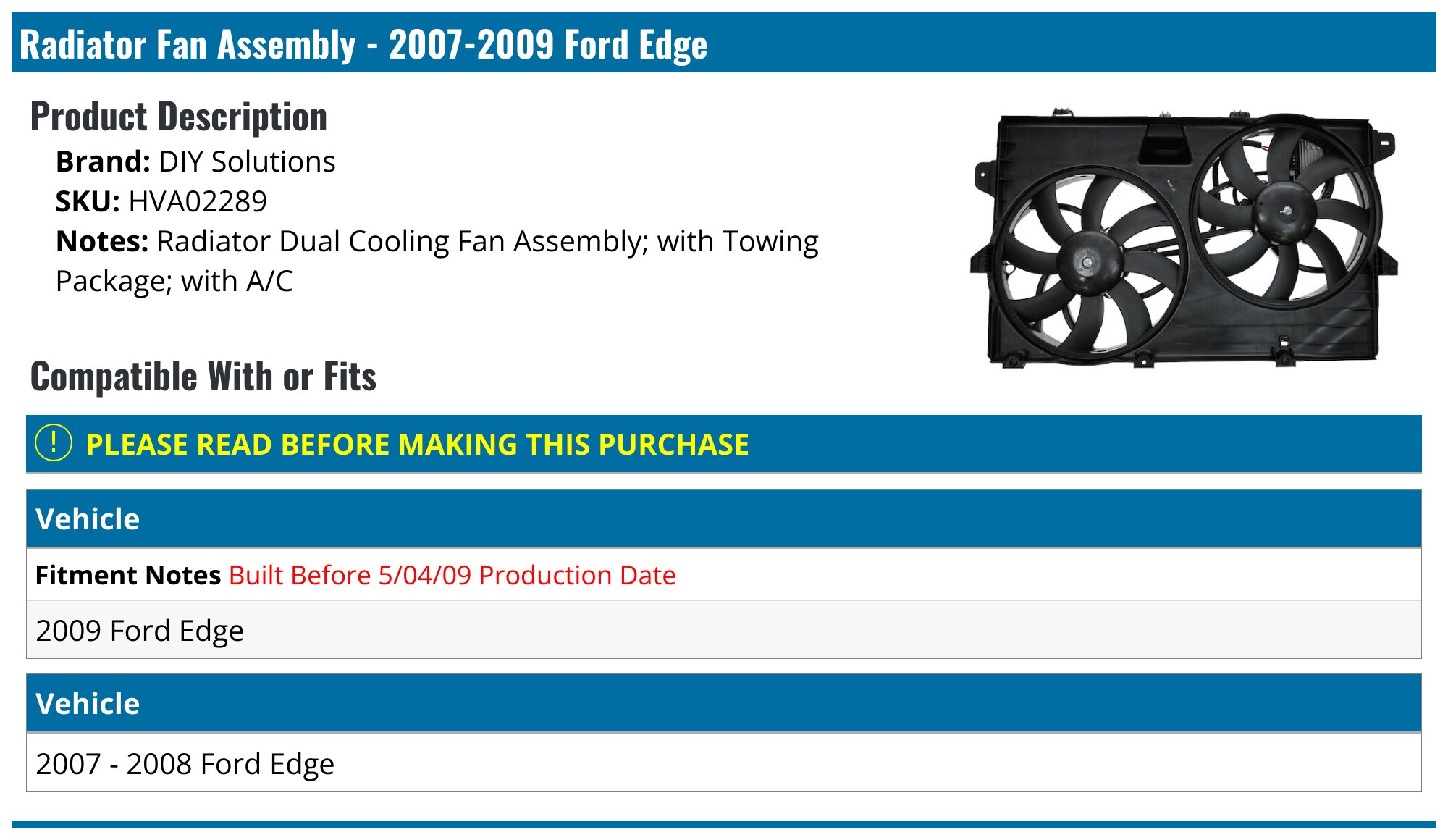 2007-2009 Ford Edge Radiator Fan Assembly - DIY Solutions HVA02289 ...