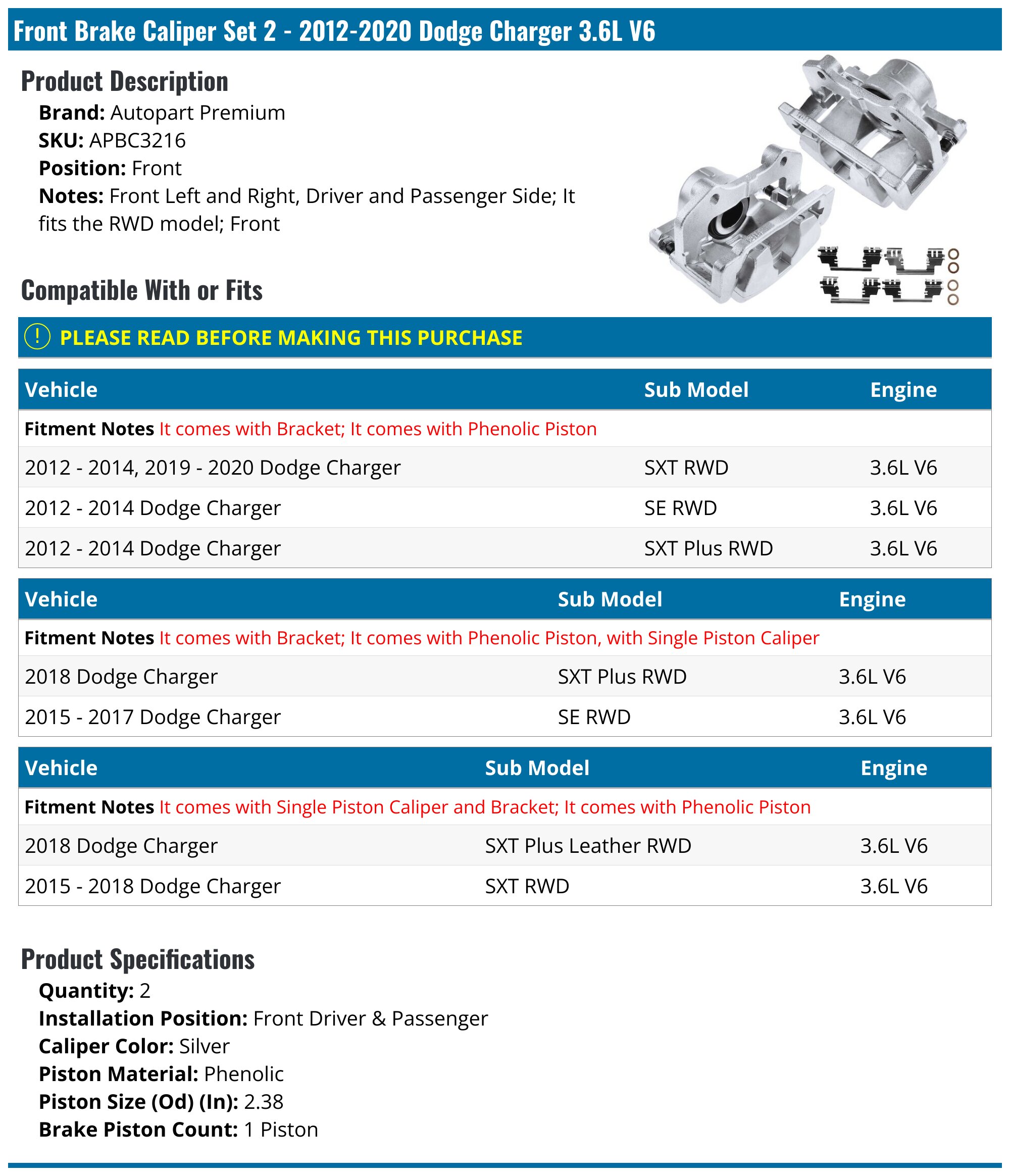 2012-2020 Dodge Charger Brake Caliper - Autopart Premium APBC3216 ...