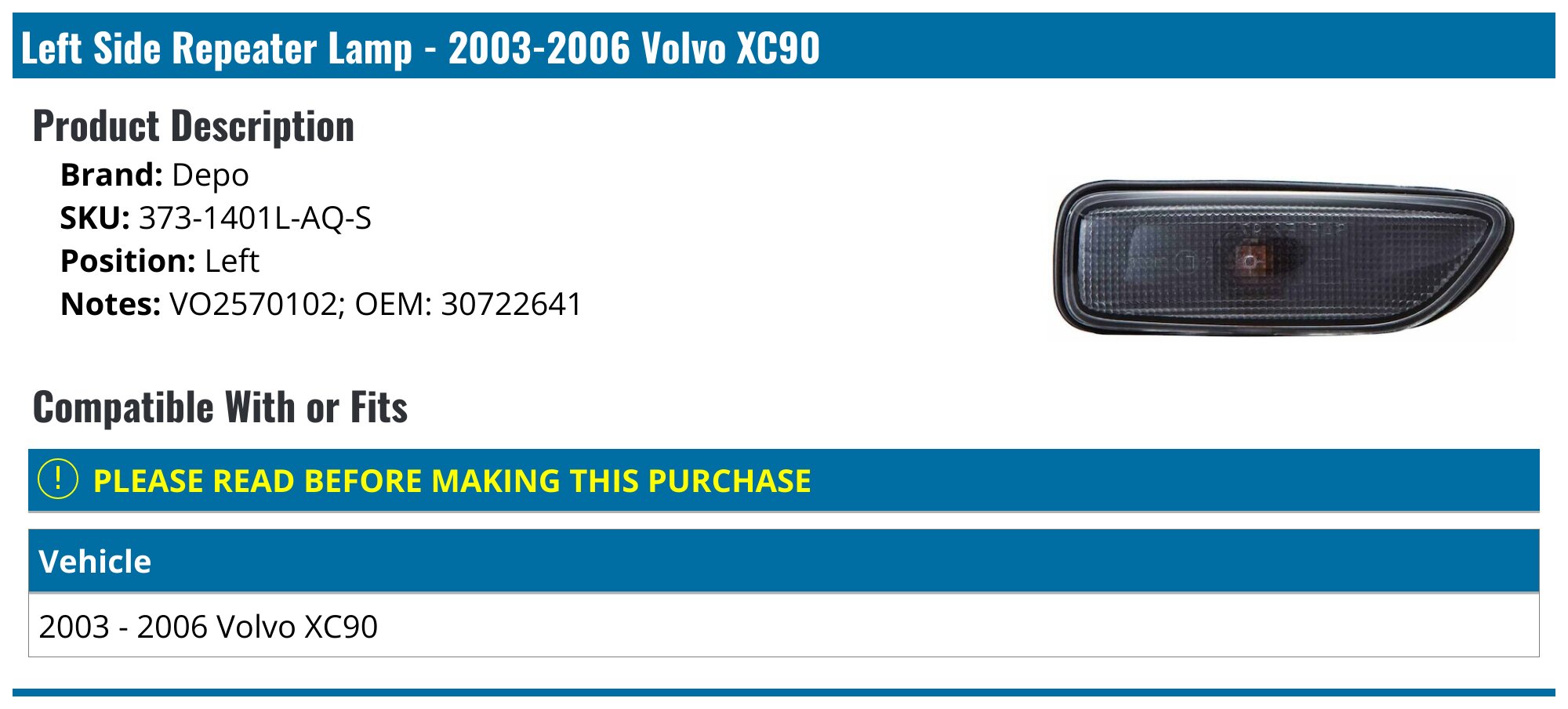 2003-2006 Volvo XC90 Side Marker Light - Depo 373-1401L-AQ-S - Left ...