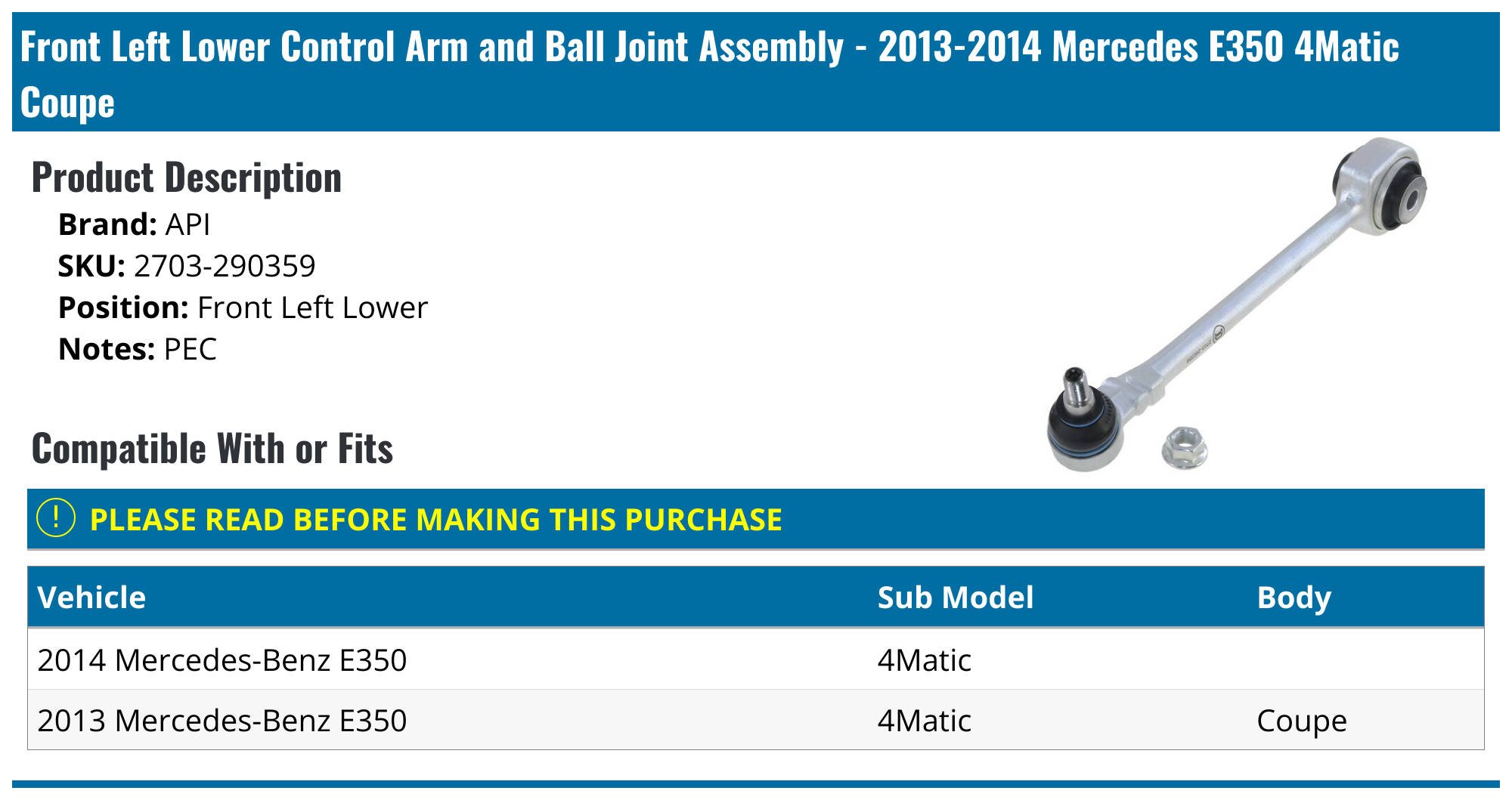2013-2014 Mercedes E350 Control Arm - API 123319-07573712 - Front Left ...