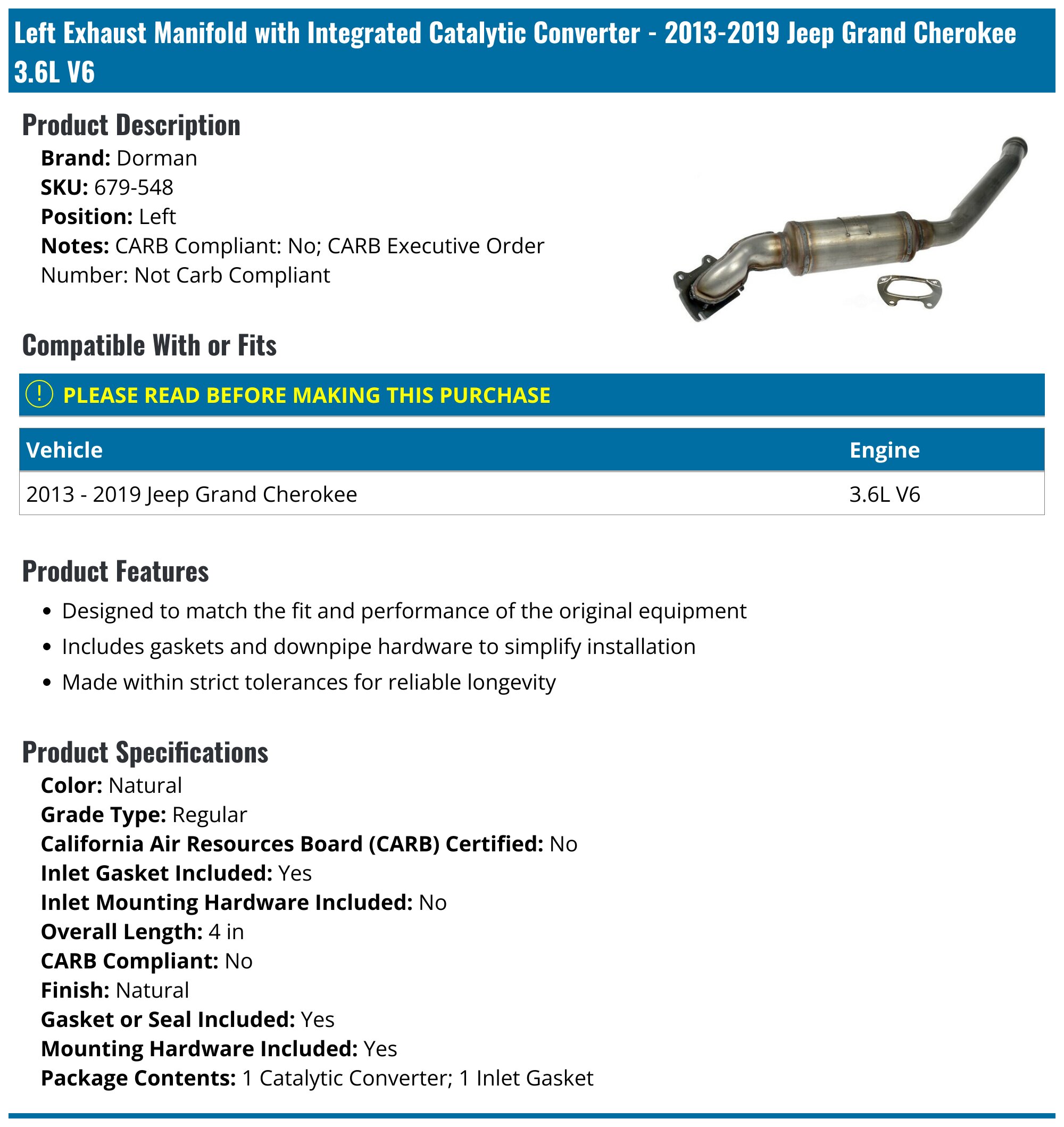 2013-2021 Jeep Grand Cherokee Catalytic Converter - Dorman 679-548 ...