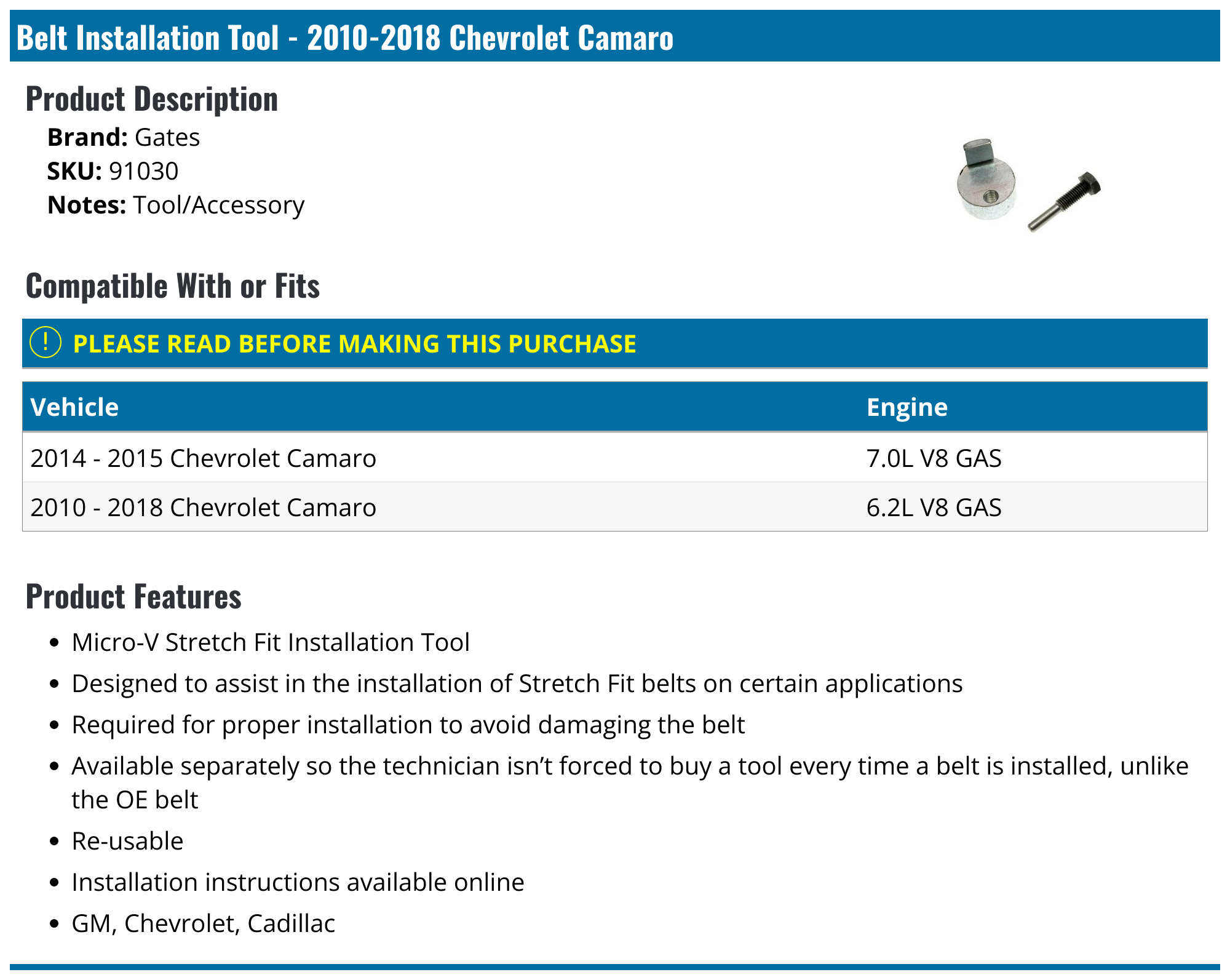 2010-2018 Chevrolet Camaro Belt Installation Tool - Gates 91030 ...