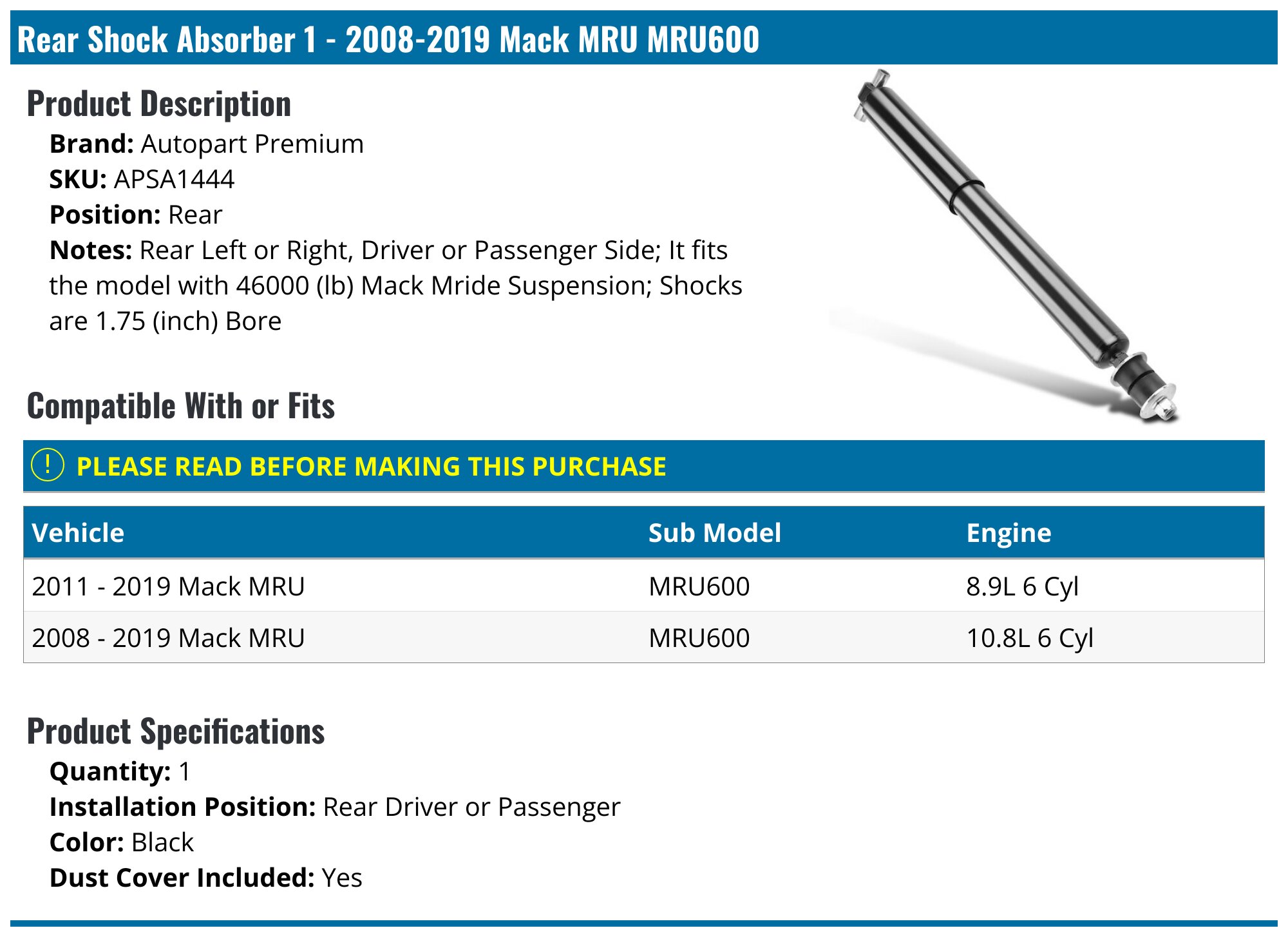 2008-2019 Mack MRU Shock Absorber - Autopart Premium APSA1444 - Rear ...