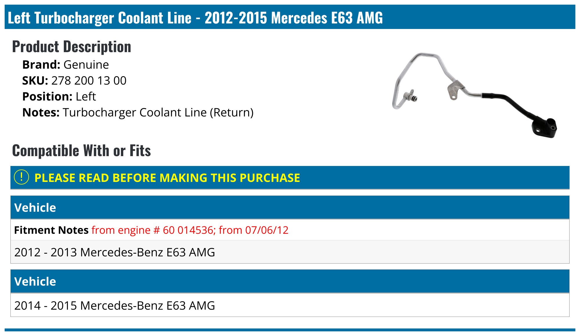 2012-2015 Mercedes E63 AMG Turbocharger Coolant Line - Genuine 278 200 ...